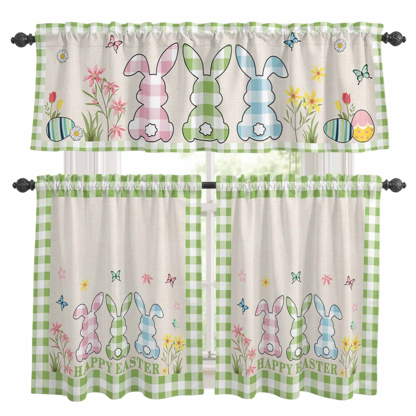 Easter Cute Kitchen Curtains and Valances Set, Buffalo Plaid Rabbits ...