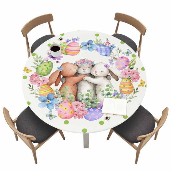 Easter Cute Rabbit Round Fitted Tablecloth with Elastic Edge Color Eggs ...