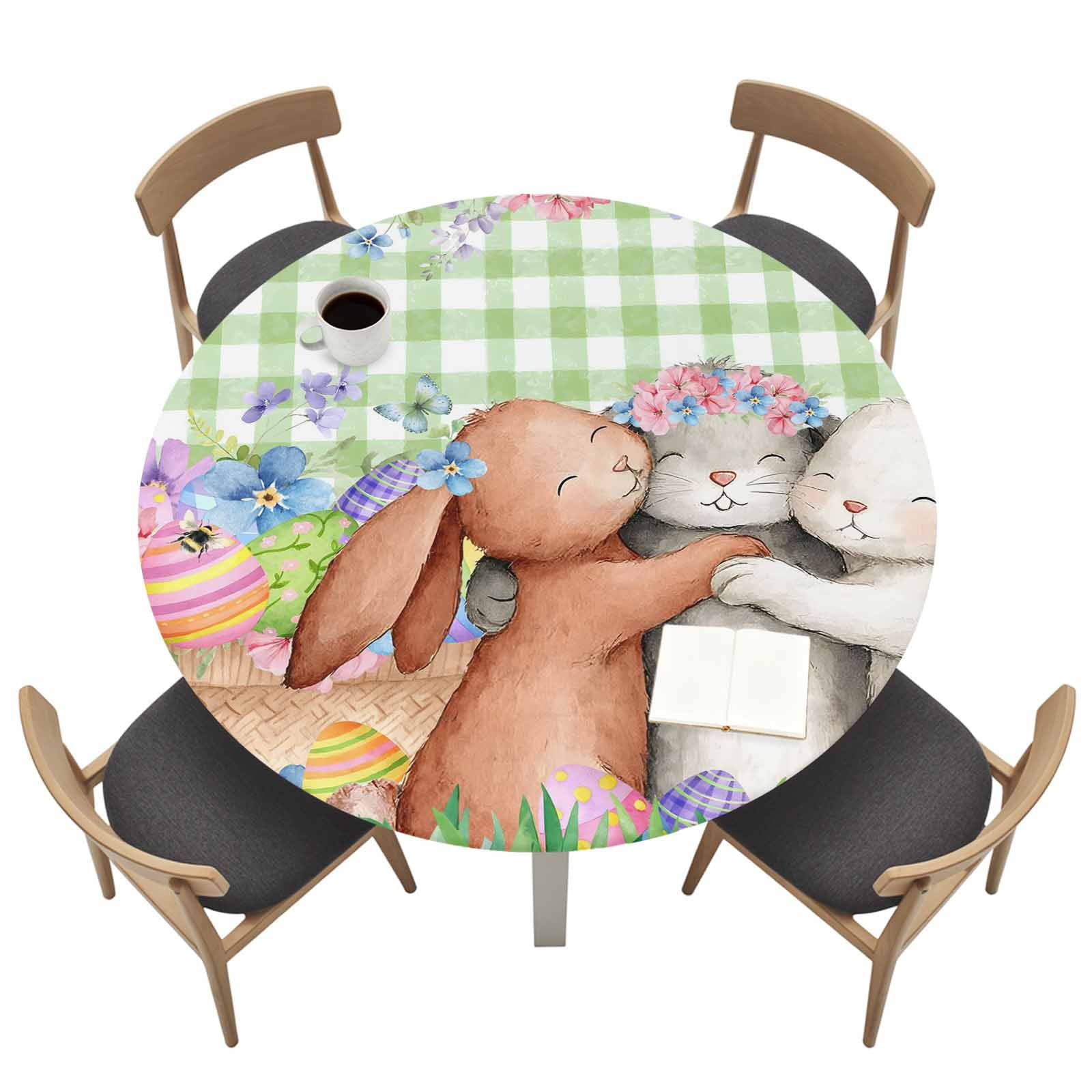 Easter Cute Rabbit Round Fitted Tablecloth with Elastic Edge Color Eggs ...