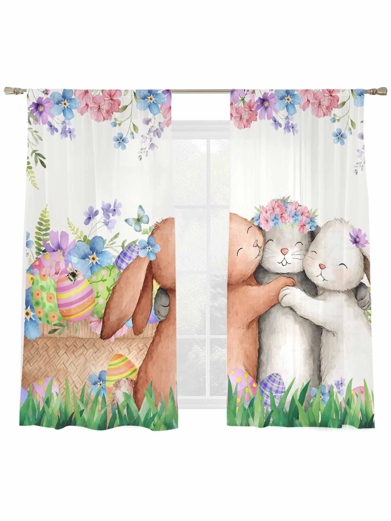 Easter Cute Rabbit Sheer Curtains 2 Panels Set Color Eggs Pink Blue ...