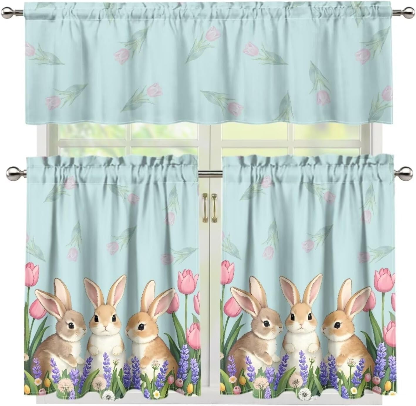 Easter Day Cute Bunny Window Treatment Tiers for Kitchen Living Room ...