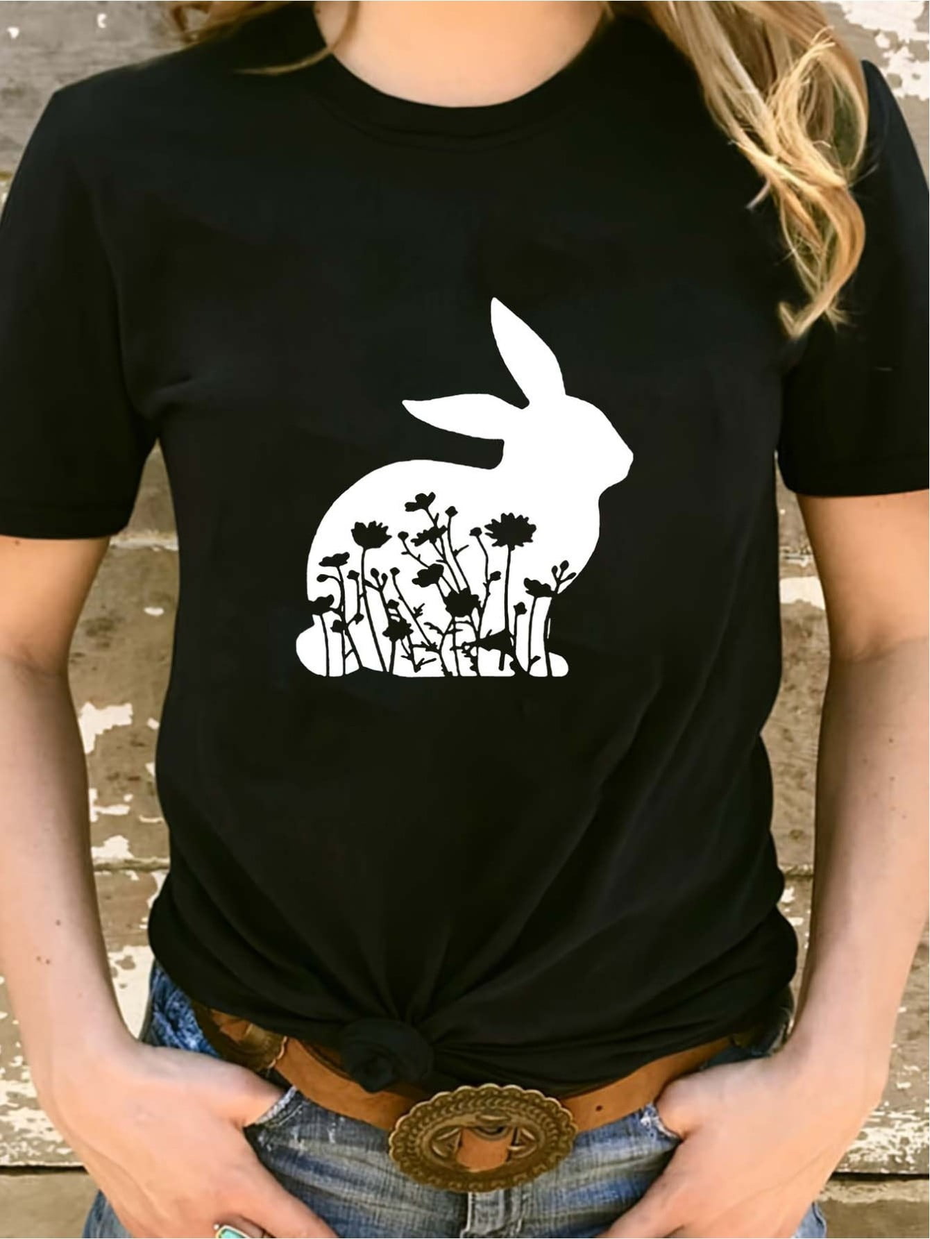 Easter Day Flower & Bunny Print T-shirt, Casual Crew Neck Short Sleeve ...