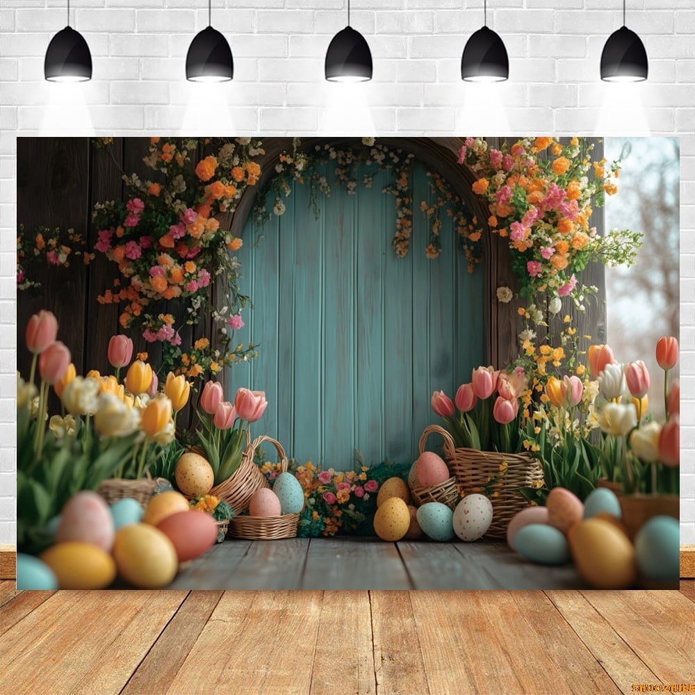Easter Day Photography Backdrop Spring Floral Shop Eggs Wood Door Kid ...