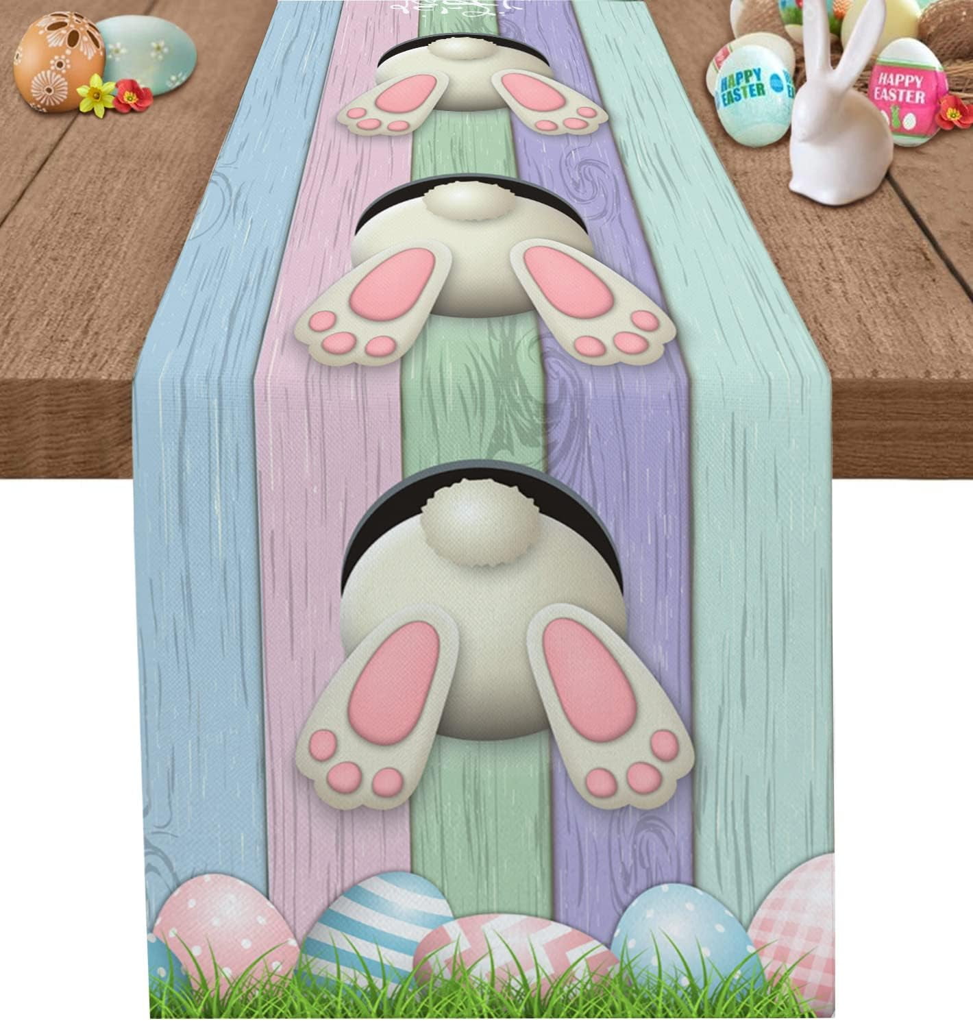 Easter Day Table Runner, Spring Easter Bunny Eggs Kitchen Table Runners ...