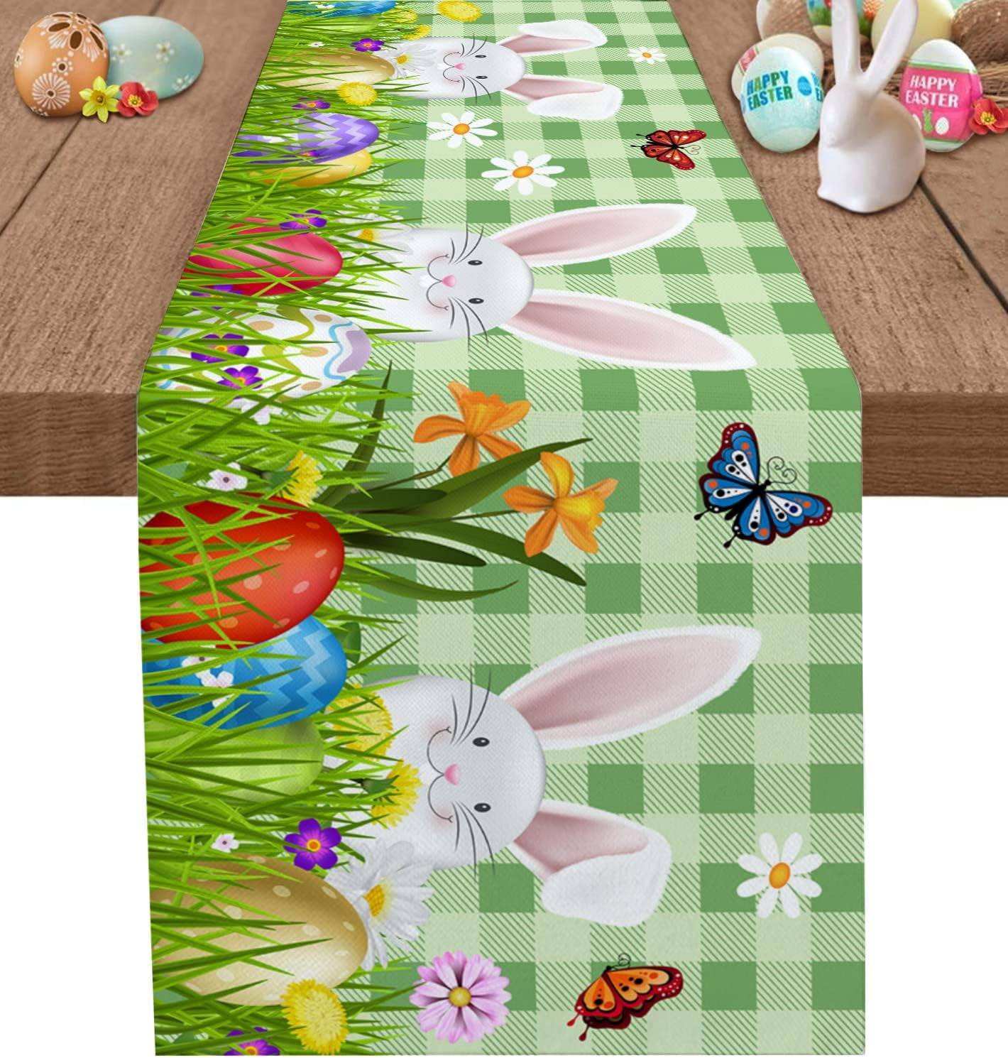 Easter Day Table Runner, Spring Easter Bunny Eggs Kitchen Table Runners ...