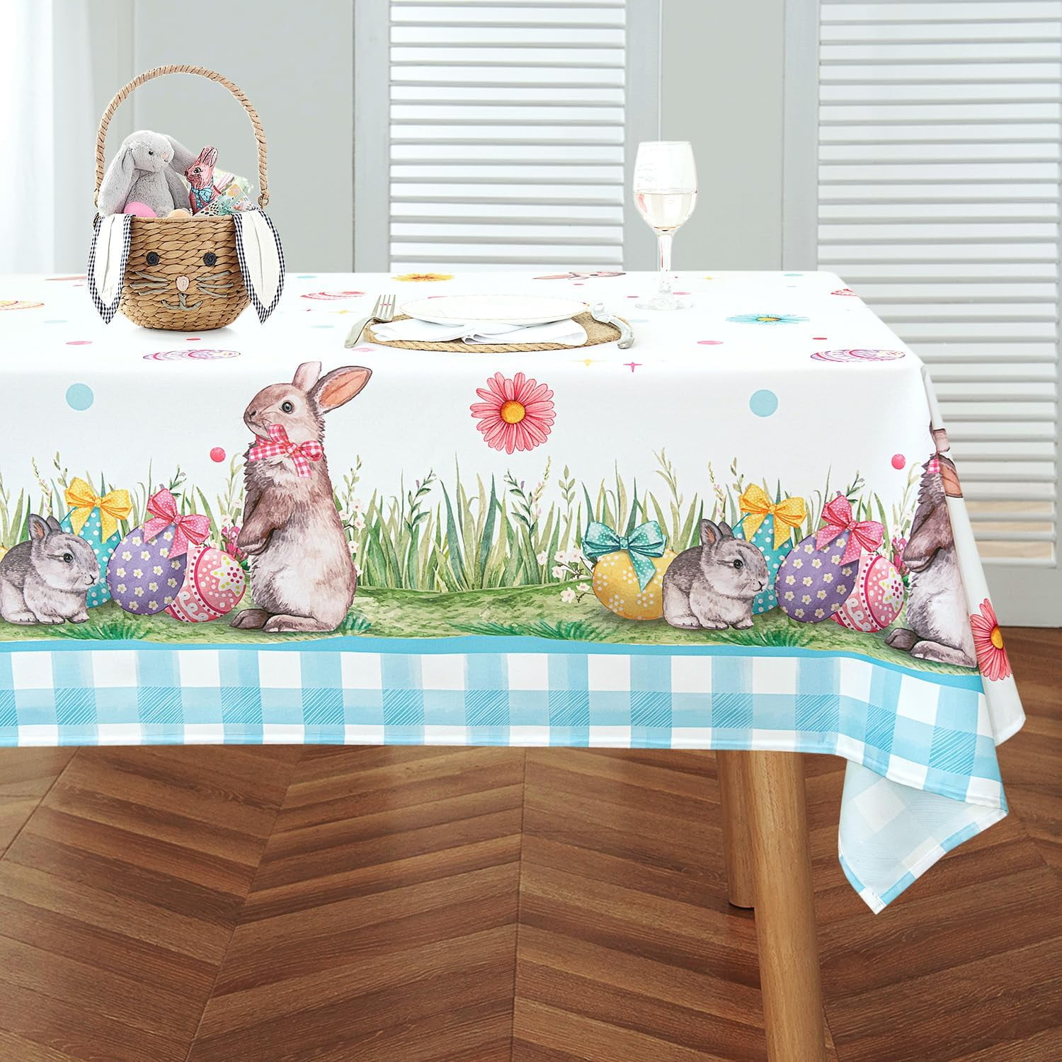 Easter Day Tablecloth, Easter Egg and Rabbit Decorative Rectangle Table ...
