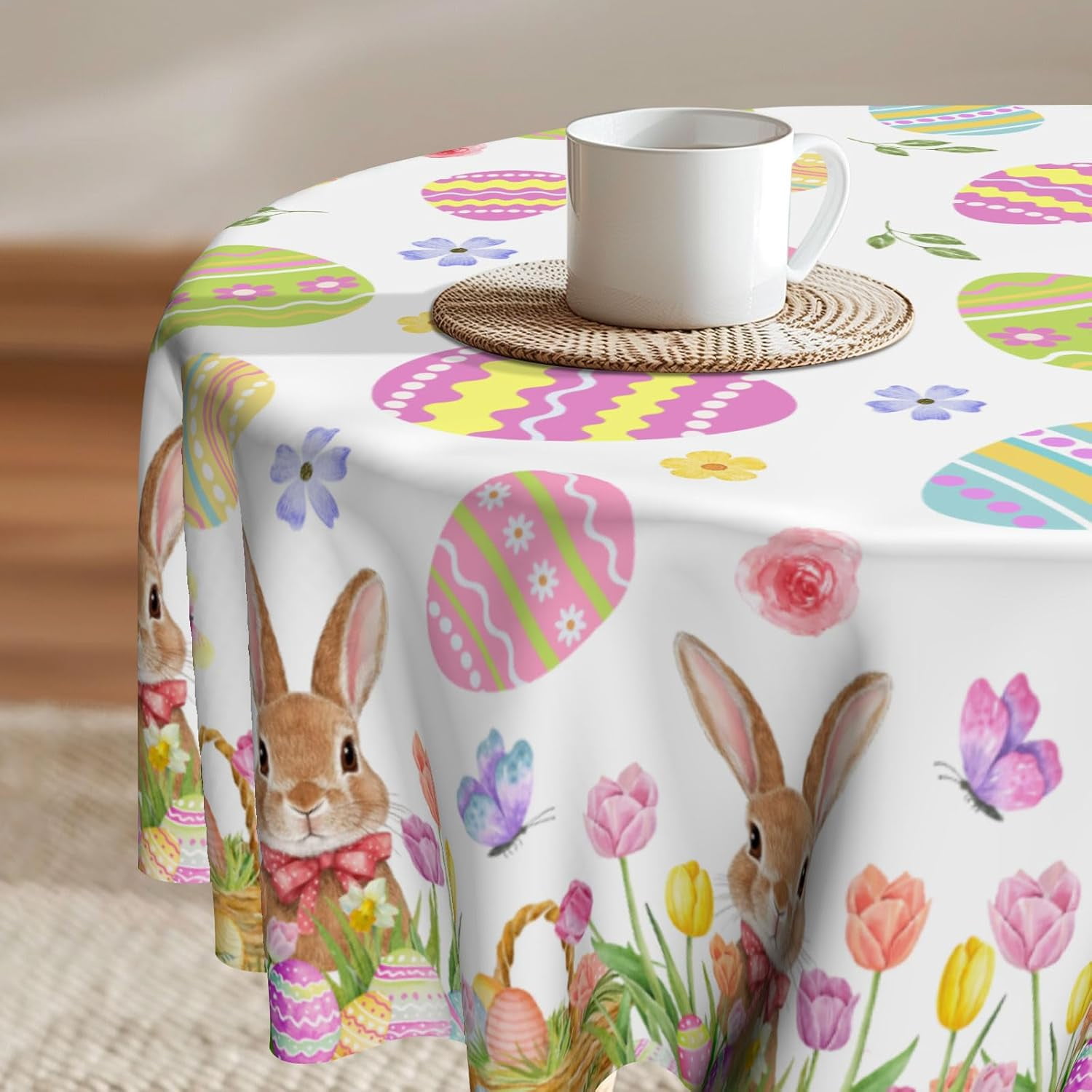 Easter Day Tablecloth Round - Bunny Floral Eggs Wrinkle Resistant ...
