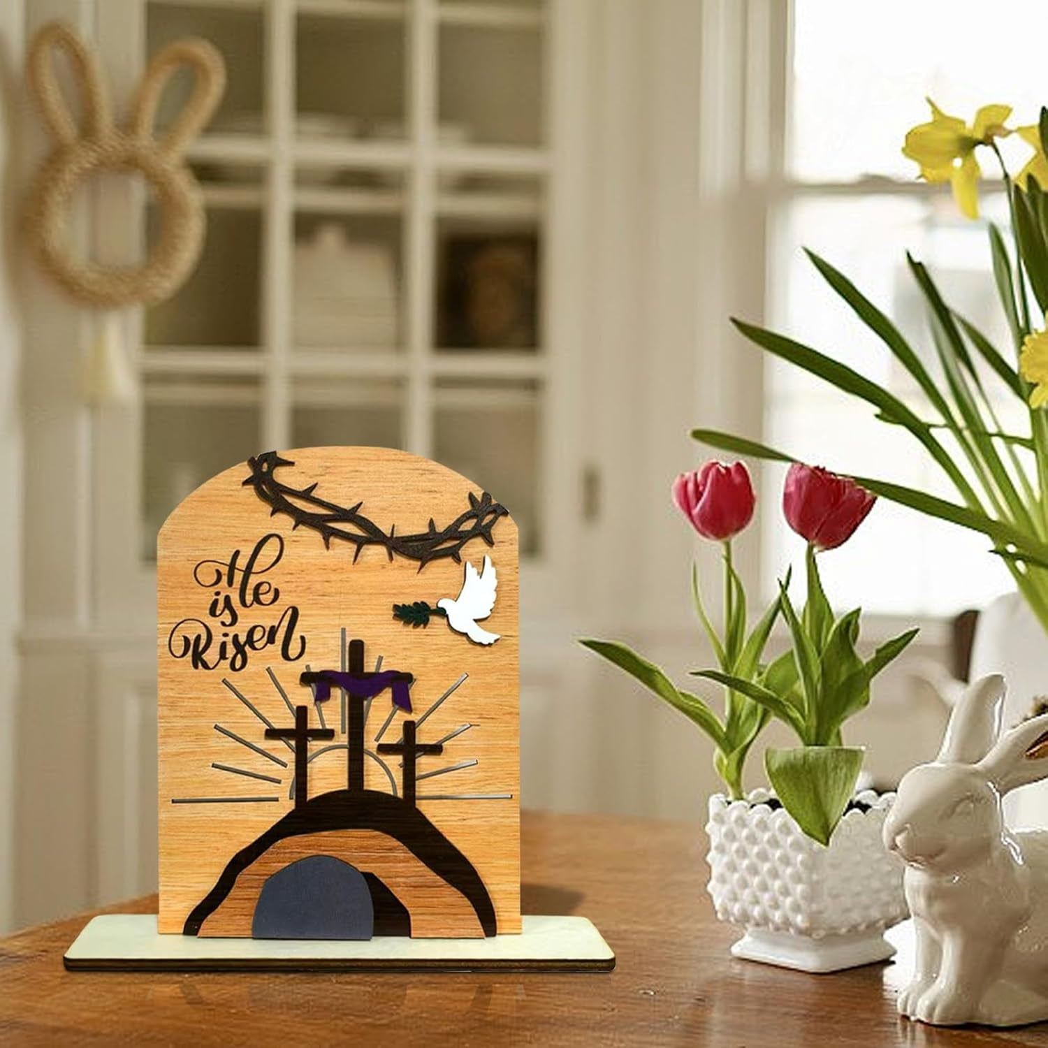 Easter Decor He is Risen Crucifix Resurrection Scene Wood Signs Desktop ...