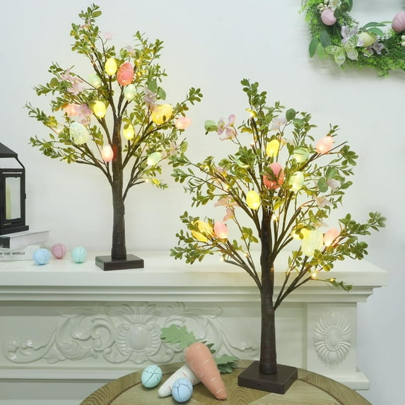 Easter Decoration Set of 2 Lighted 24 Inch Artificial Tree with Easter ...
