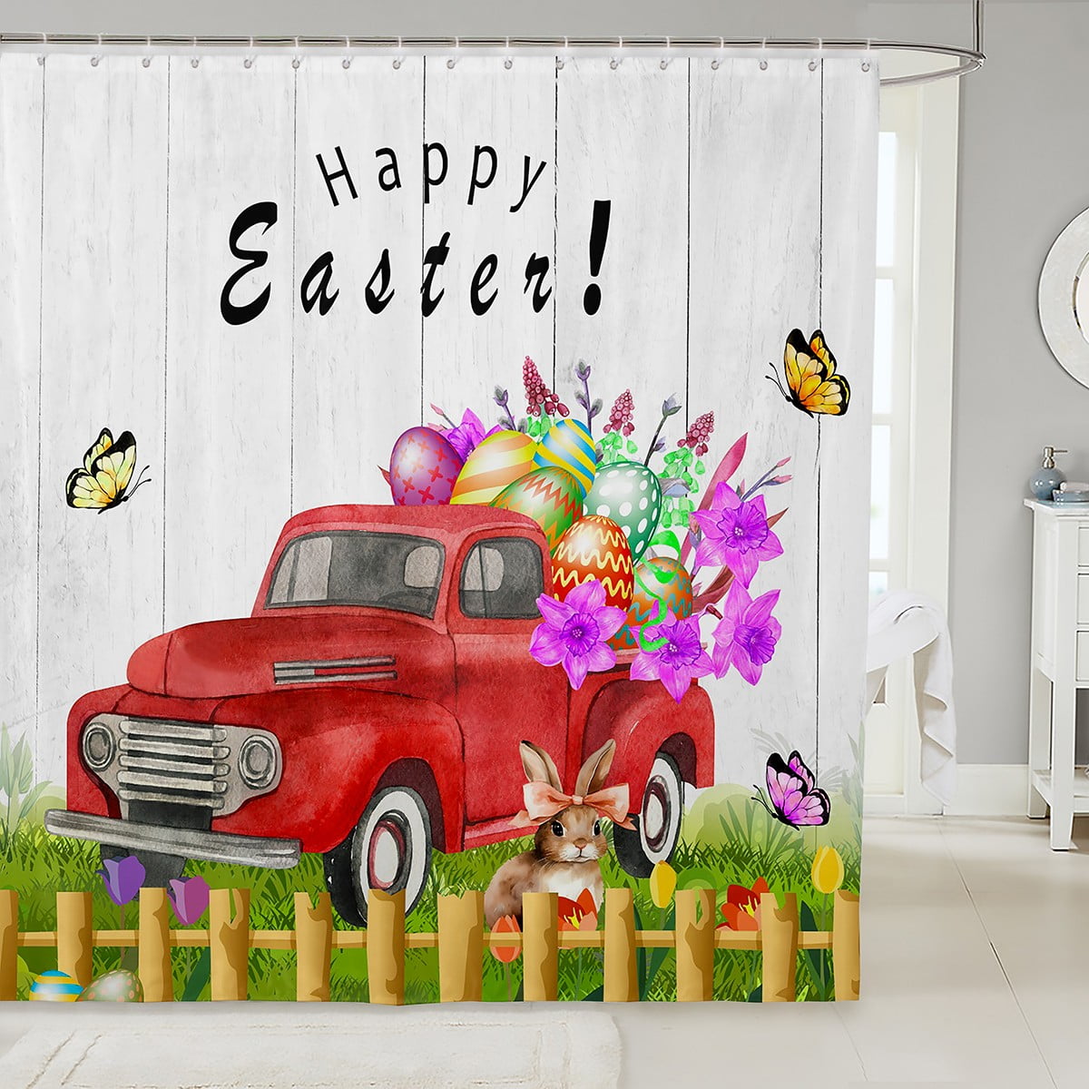 Easter Decoration Shower Curtain Cute Rabbit Bath Curtain Happy Easter ...