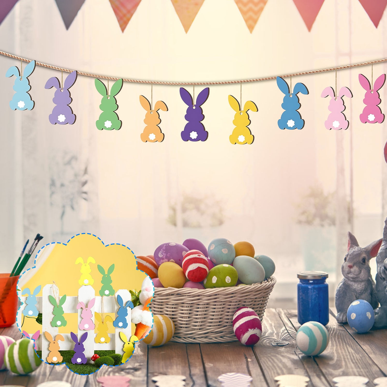 Easter Decorations 2025! BVXEEP Bunny Wooden Pendant Bunny Shape Easter ...