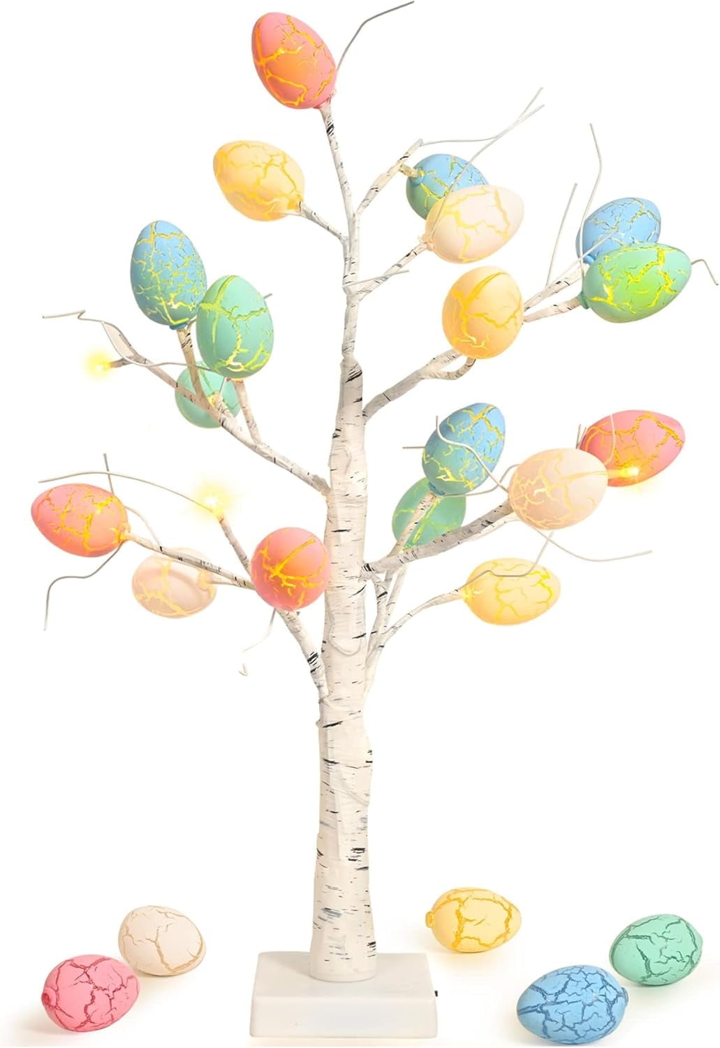 Easter Decorations 24 inch Pre-lit White Birch Tree with 24pcs Easter ...