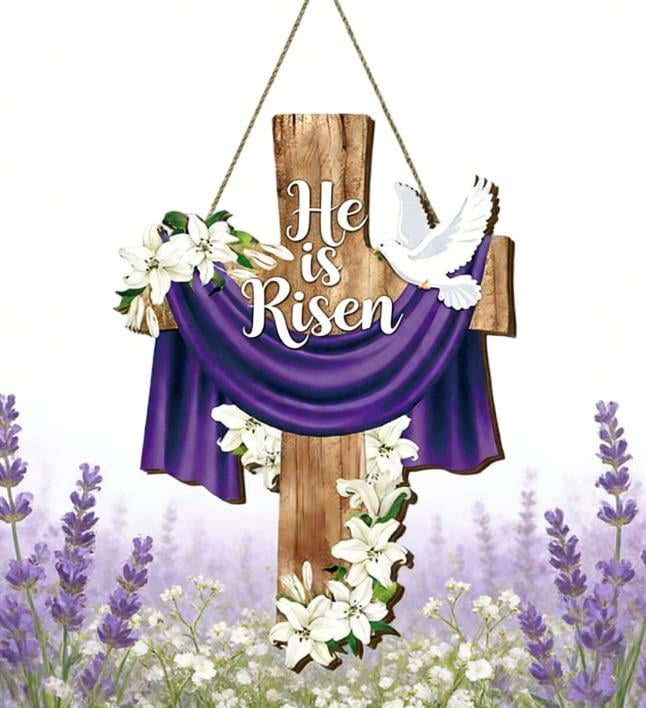 Easter Decorations Door Sign He is Risen Religious Cross Signs Wooden ...