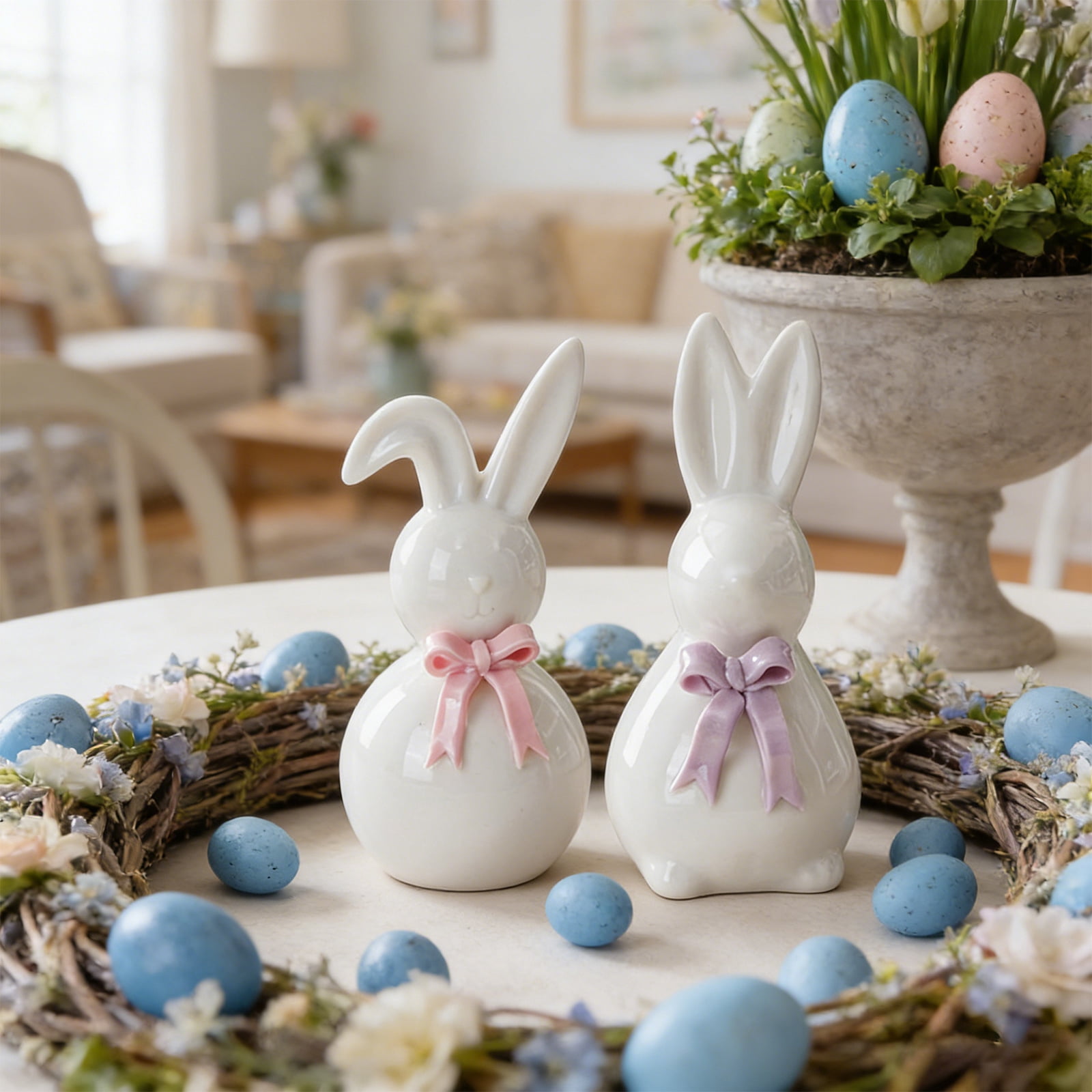 Easter Decorations: Elegant White Ceramic Bunny Figurines, Cute ...