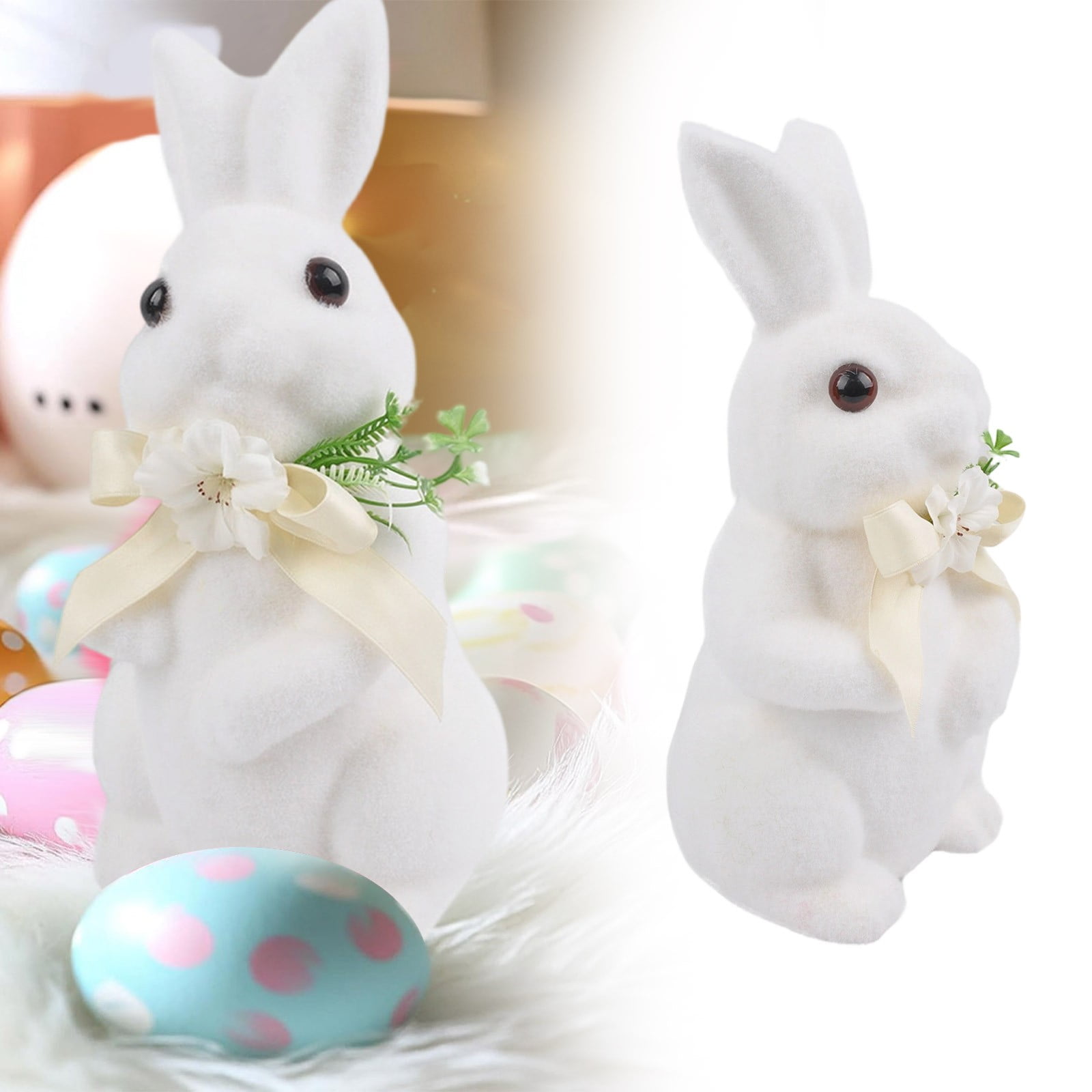 Easter Decorations Flocked Bunnies Figurine with Bow Tie,Flocking ...