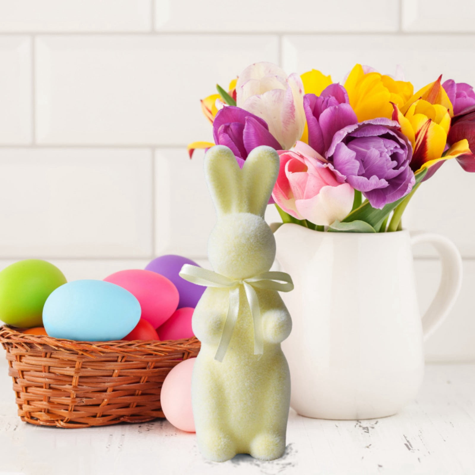 Easter Decorations Flocked Bunnies Figurine with Bow tie 8" Rabbit ...