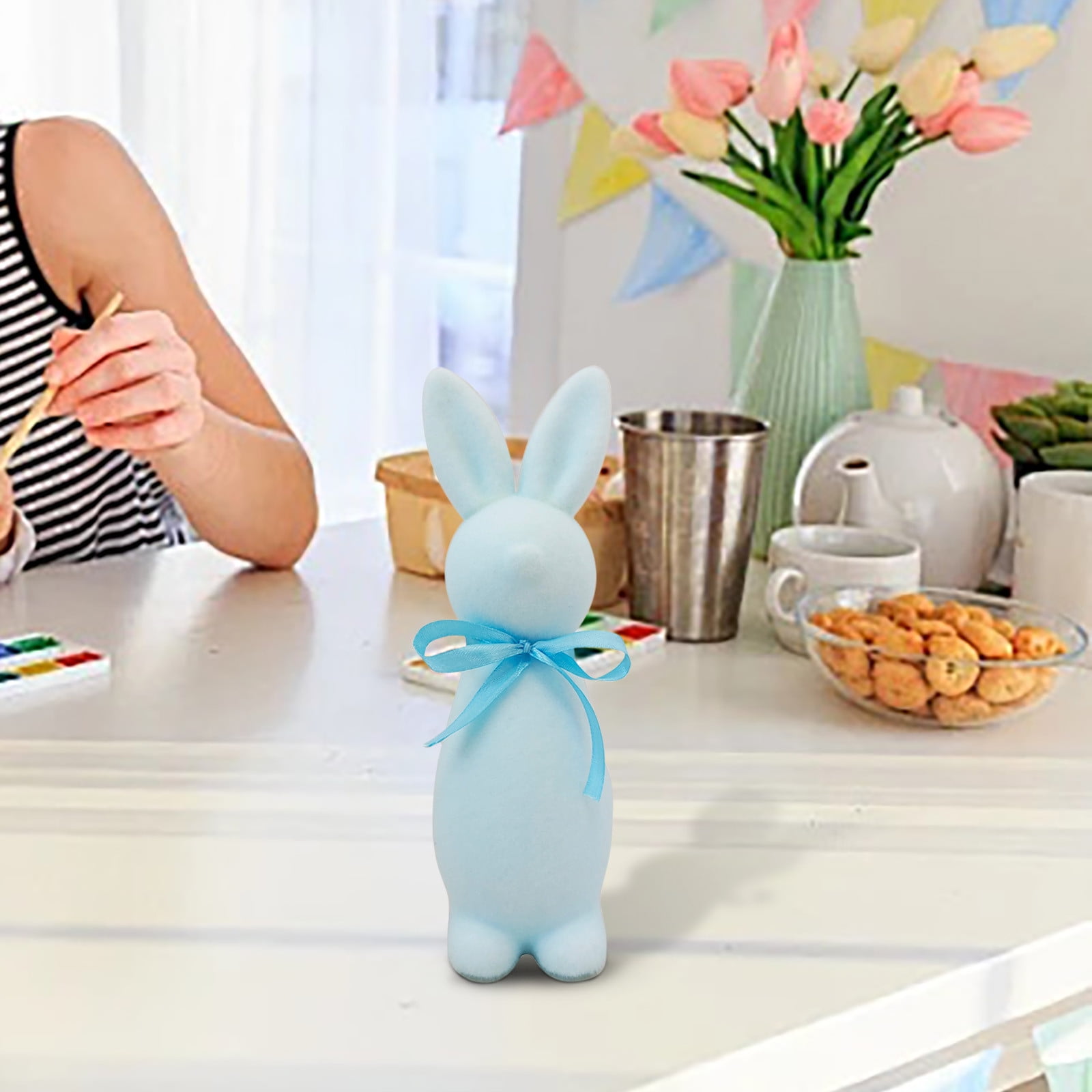 Easter Decorations Flocked Bunny Figurines with Bow Tie, 9.6" Flocking ...