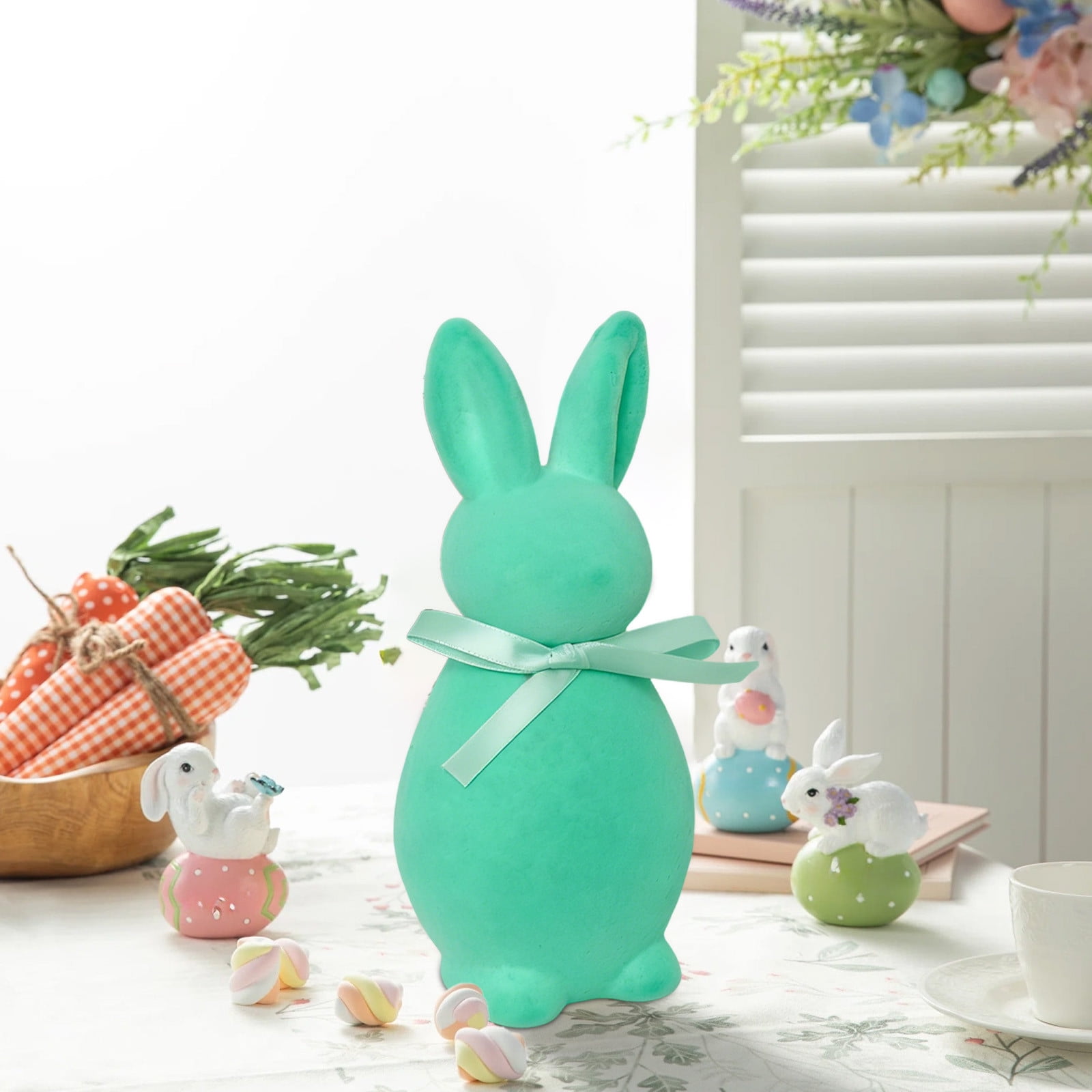 Easter Decorations Large Flocked Bunny Figurines With Bow Tie 7.87 Inch ...