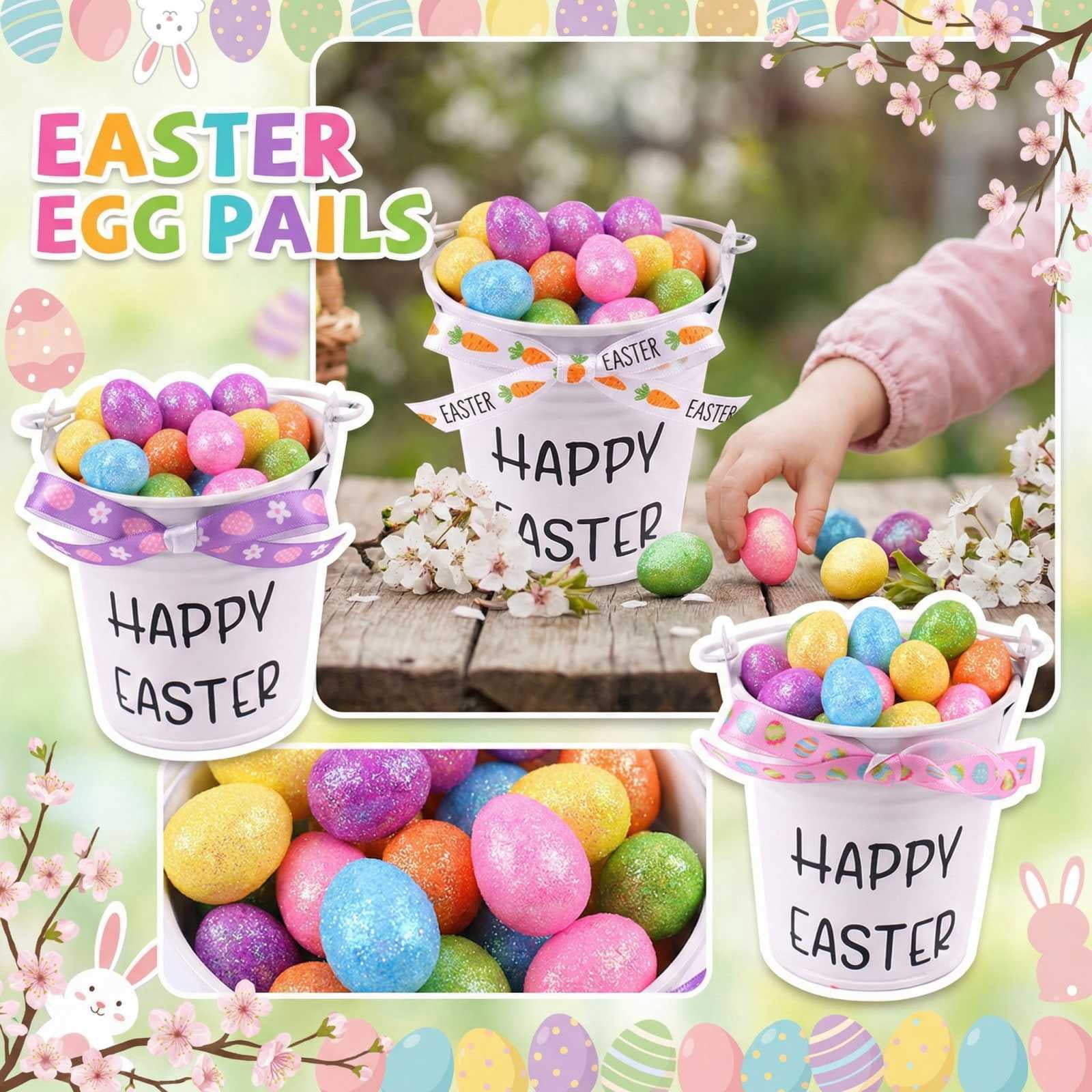 Easter Decorative Bucket with Glitter Artificial Eggs and Printed ...