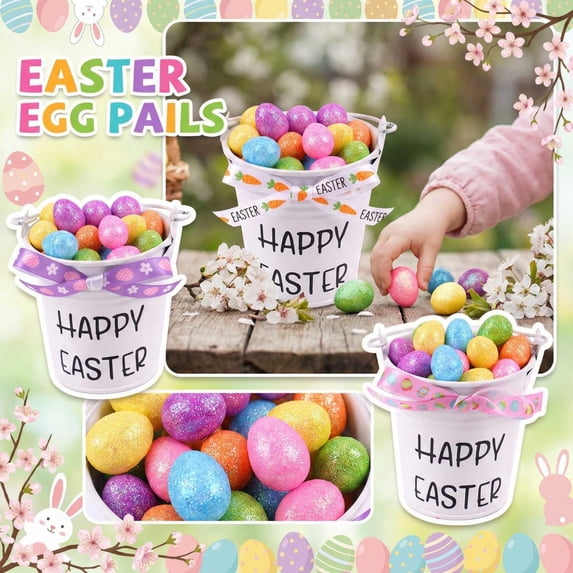 Easter Decorative Bucket with Glitter Artificial Eggs and Printed ...
