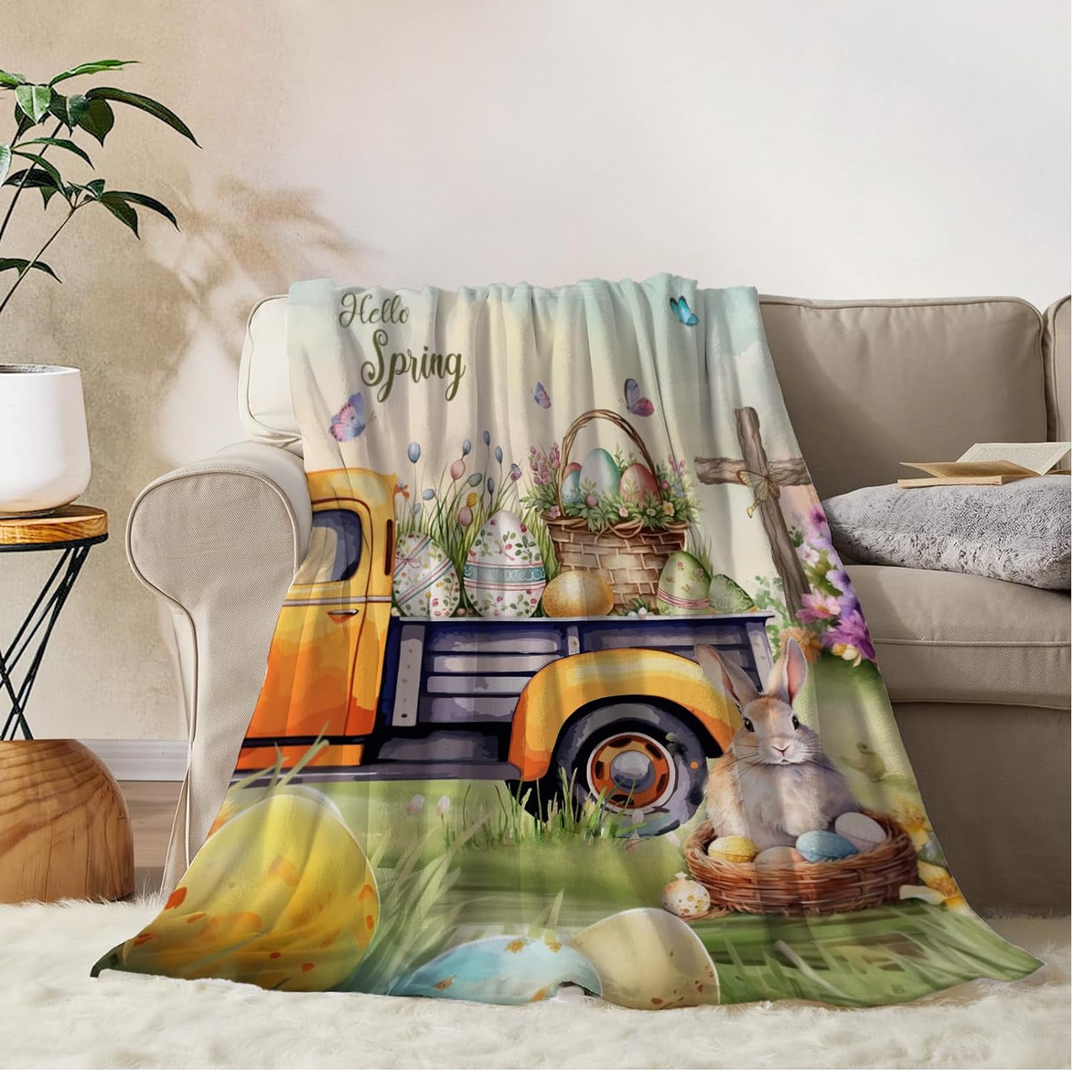 Easter Decorative Throw Blanket Twin 60x80 Farmhouse Easter Truck Bunny ...
