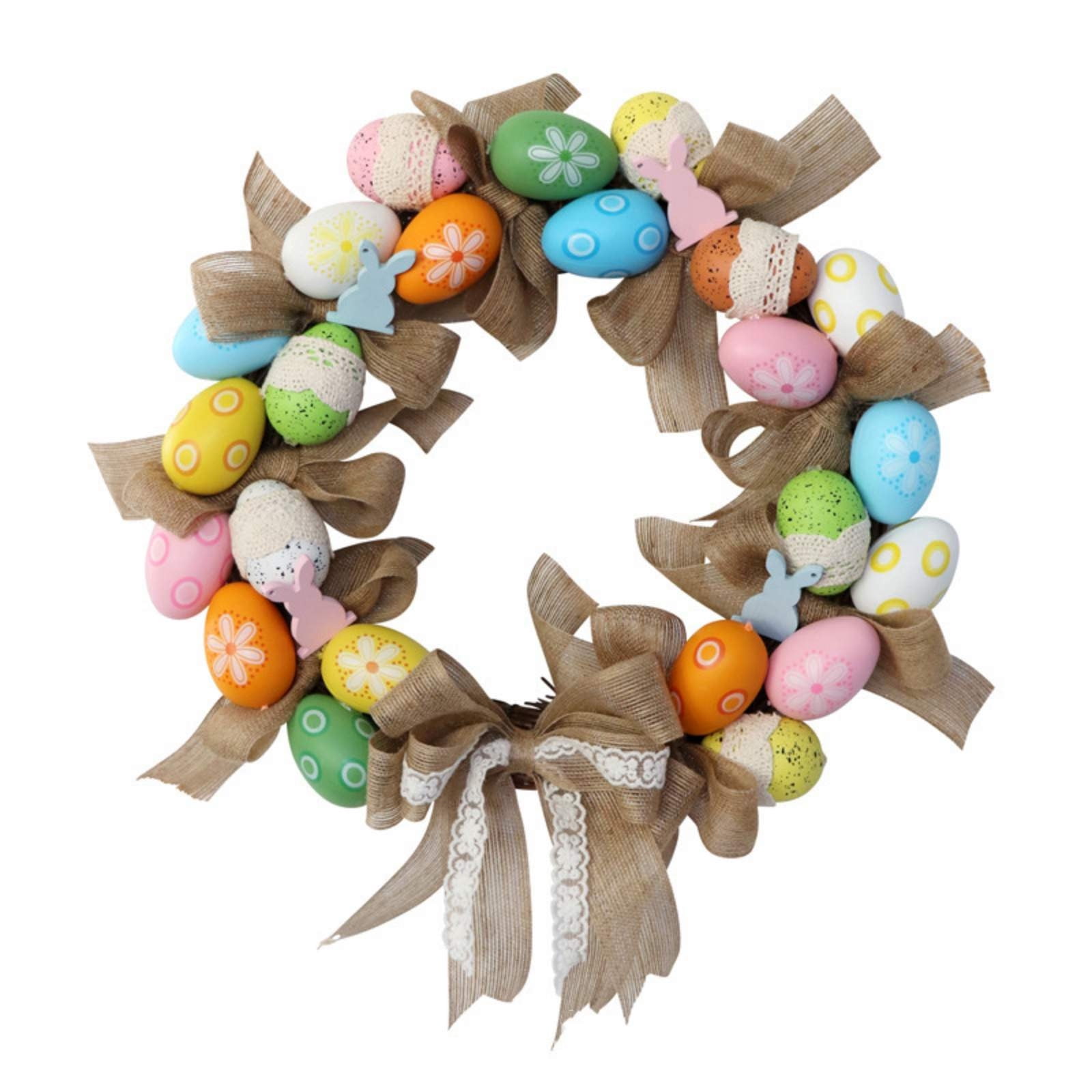 Easter Decorative Wreath with Colorful Eggs, Bunnies and Burlap Lace ...