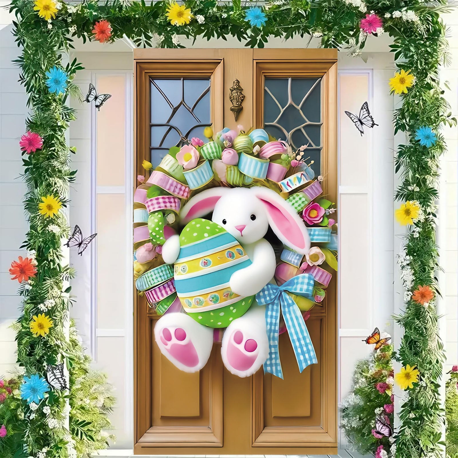 Easter Door Cover 71x35 Inch Polyester Cute Bunny Rabbit Floral Spring ...