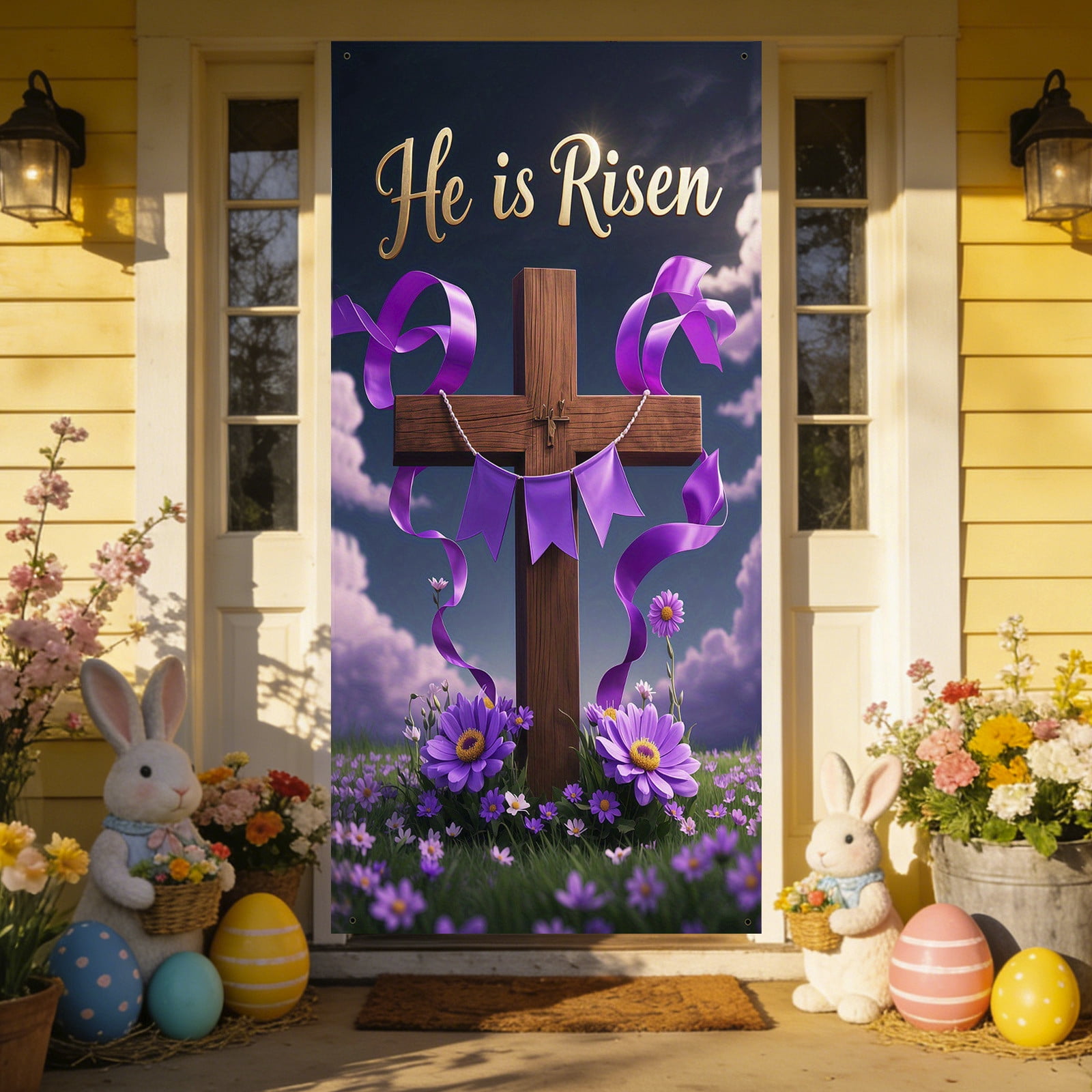 Easter Door Cover Bunny Egg Rabbit Decor Daisy Decorations Door Banner ...