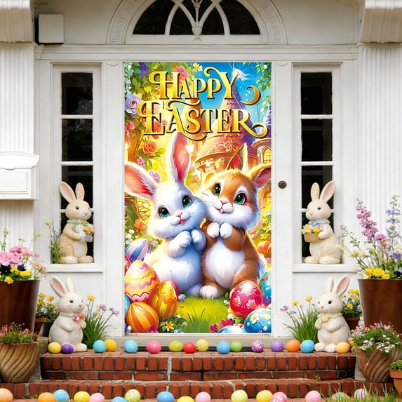 Easter Door Cover Outdoor Porch Hanging Decoration with Easter Bunny ...