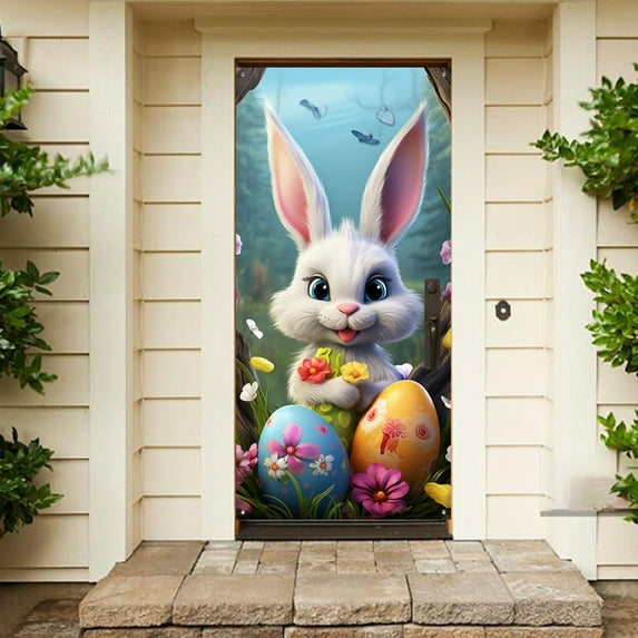 Easter Door Covers Decorations Cute Rabbit Print Summer Spring Door ...