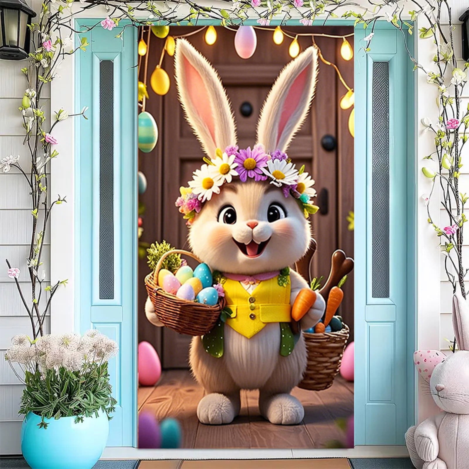 Easter Door Decoration Hanging Flag 70x35 inch Spring Bunny Caricature ...