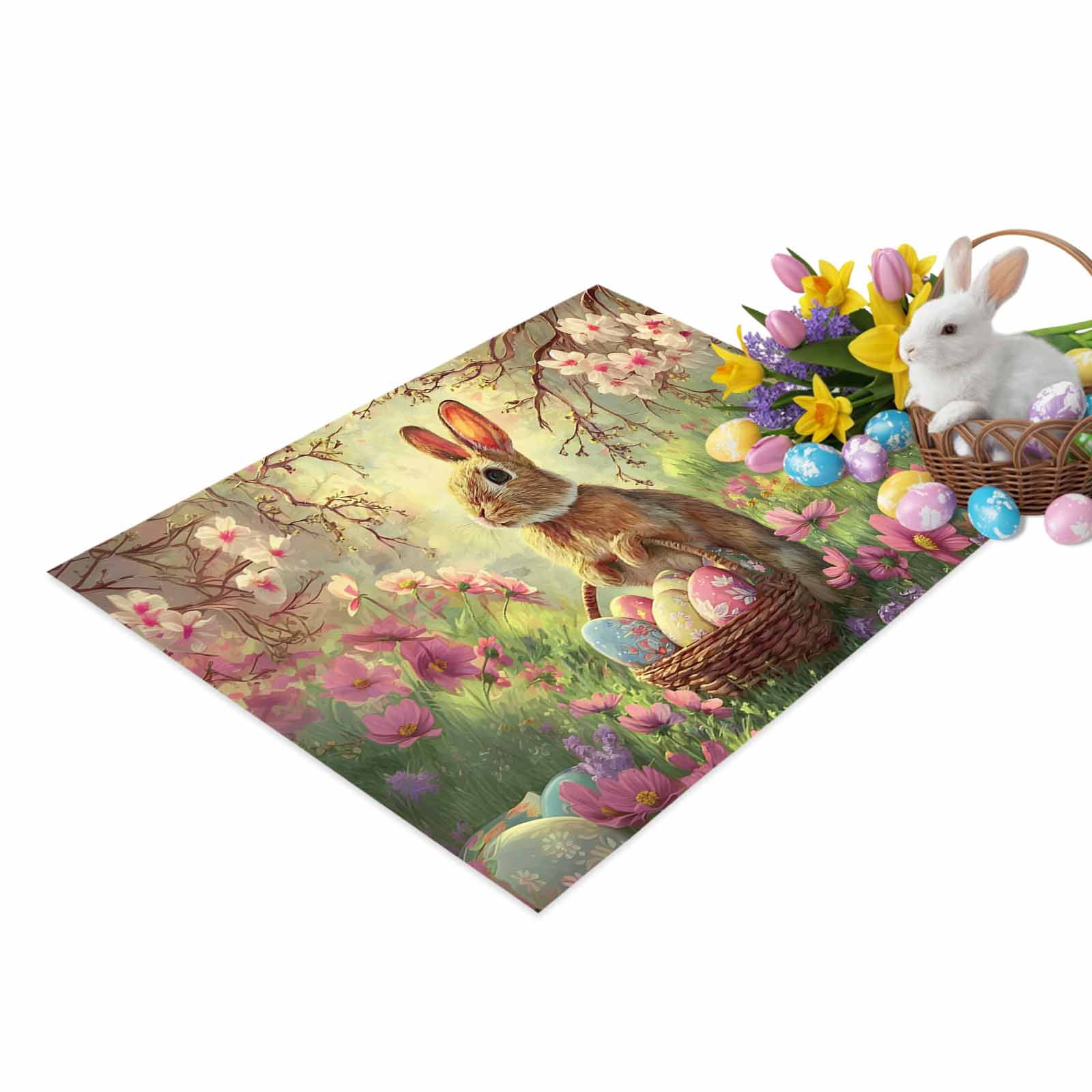 Easter Door Mat Spring Rabbit Basket Eggs Pink Floral Grass Yellow ...