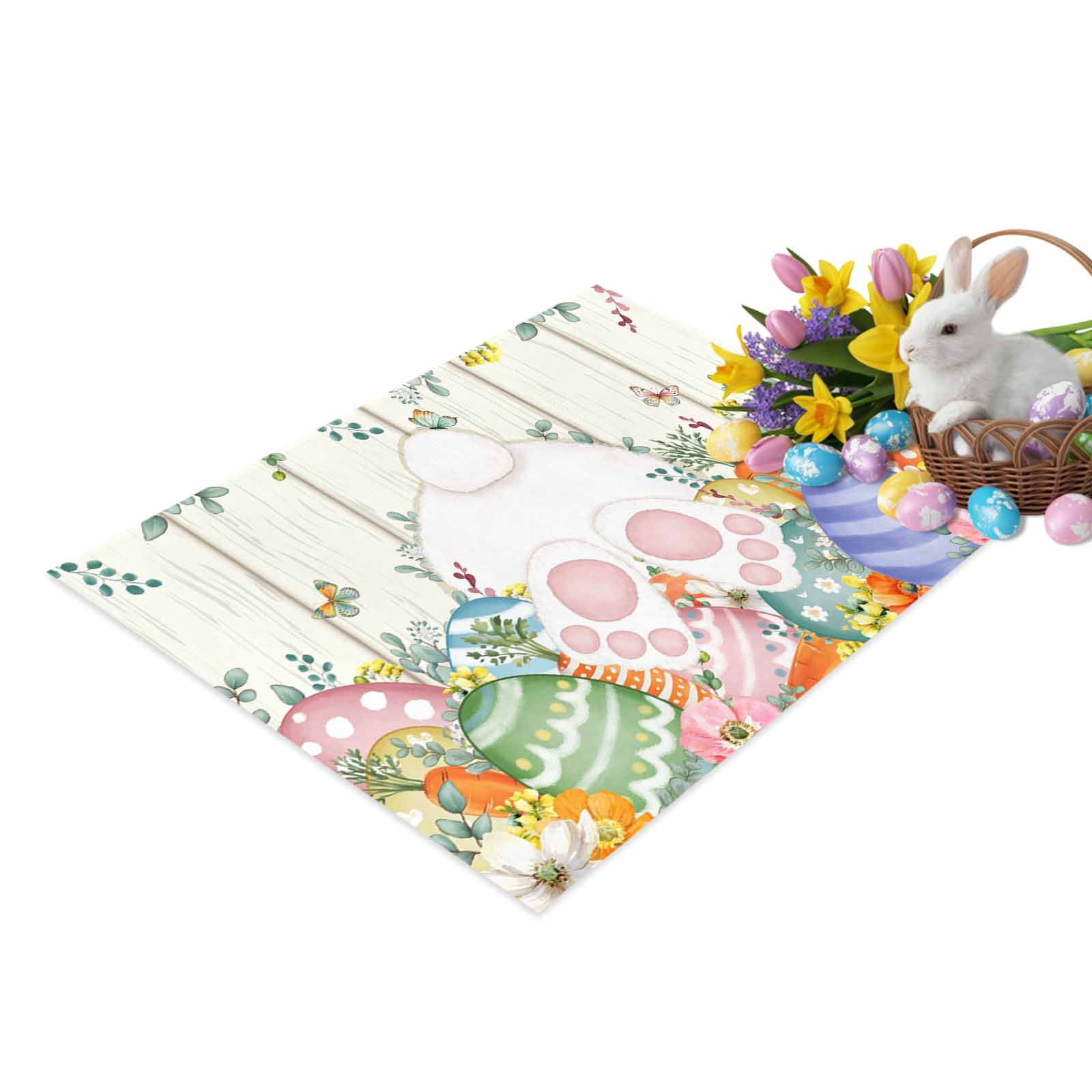 Easter Door Mat Spring White Rabbit Tail Eggs Floral Leaf Beige Wood ...