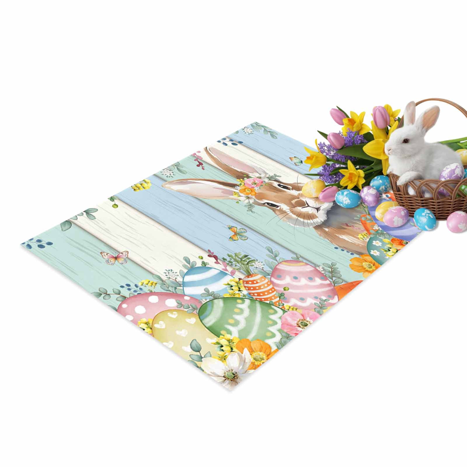 Easter Door Mat Spring Yellow Rabbit Eggs Floral Green Blue Wood Grain ...