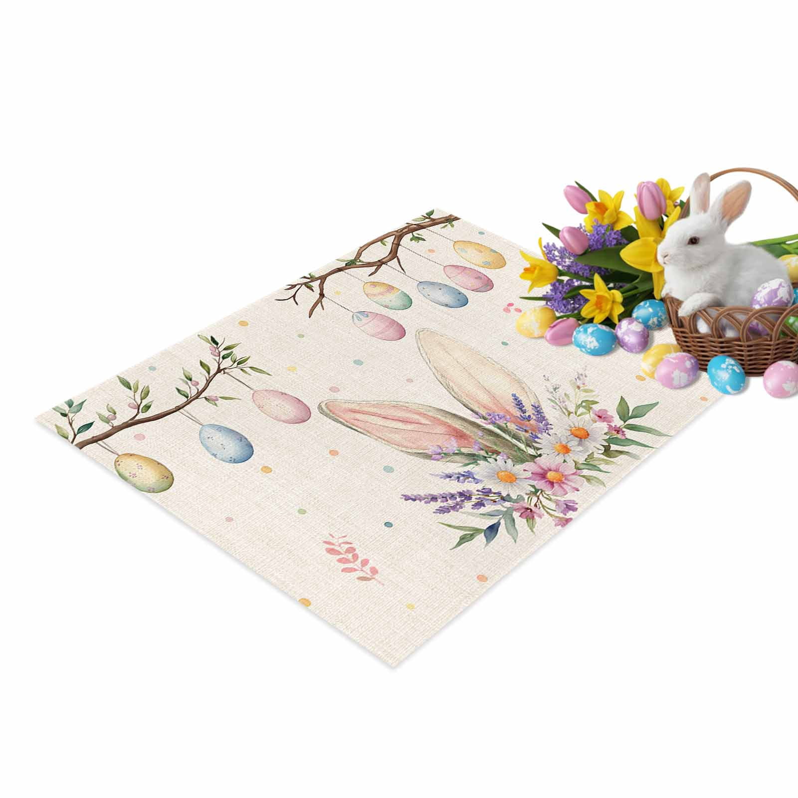 Easter Door Mat Watercolor Pink Blue Egg Branch Spring Flower Rabbit ...