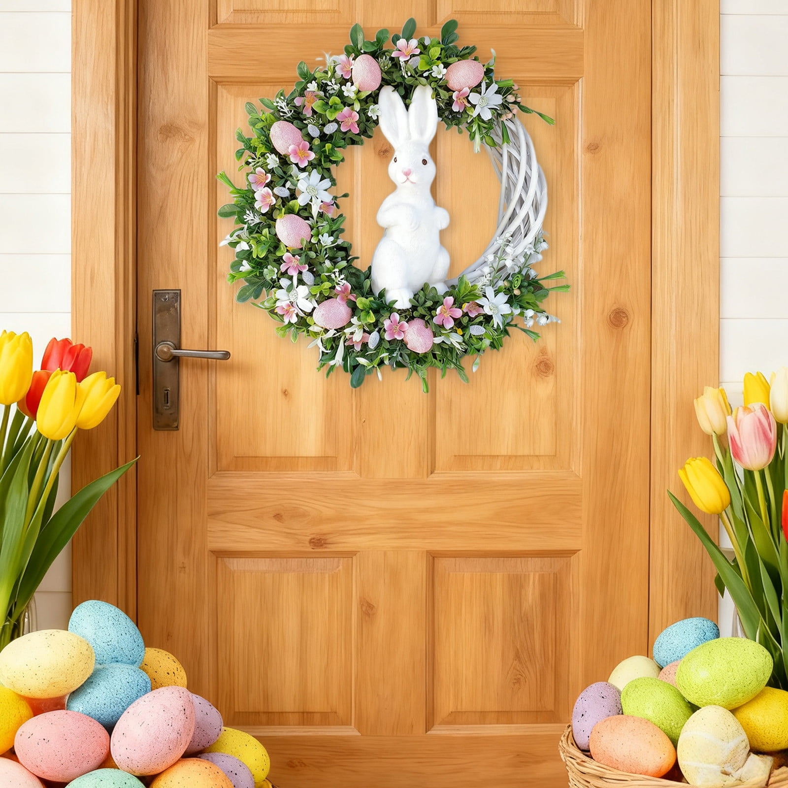 Easter Door Sign Wreath - 9.8"x9.8", Bunny Floral Egg Wall Hanging ...