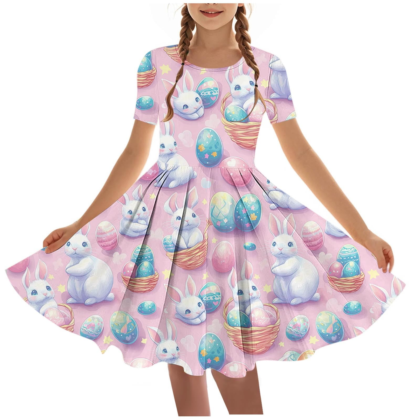 Easter Dress For Girls Cute Bunny Rabbit Eggs Graphic Short Sleeved ...