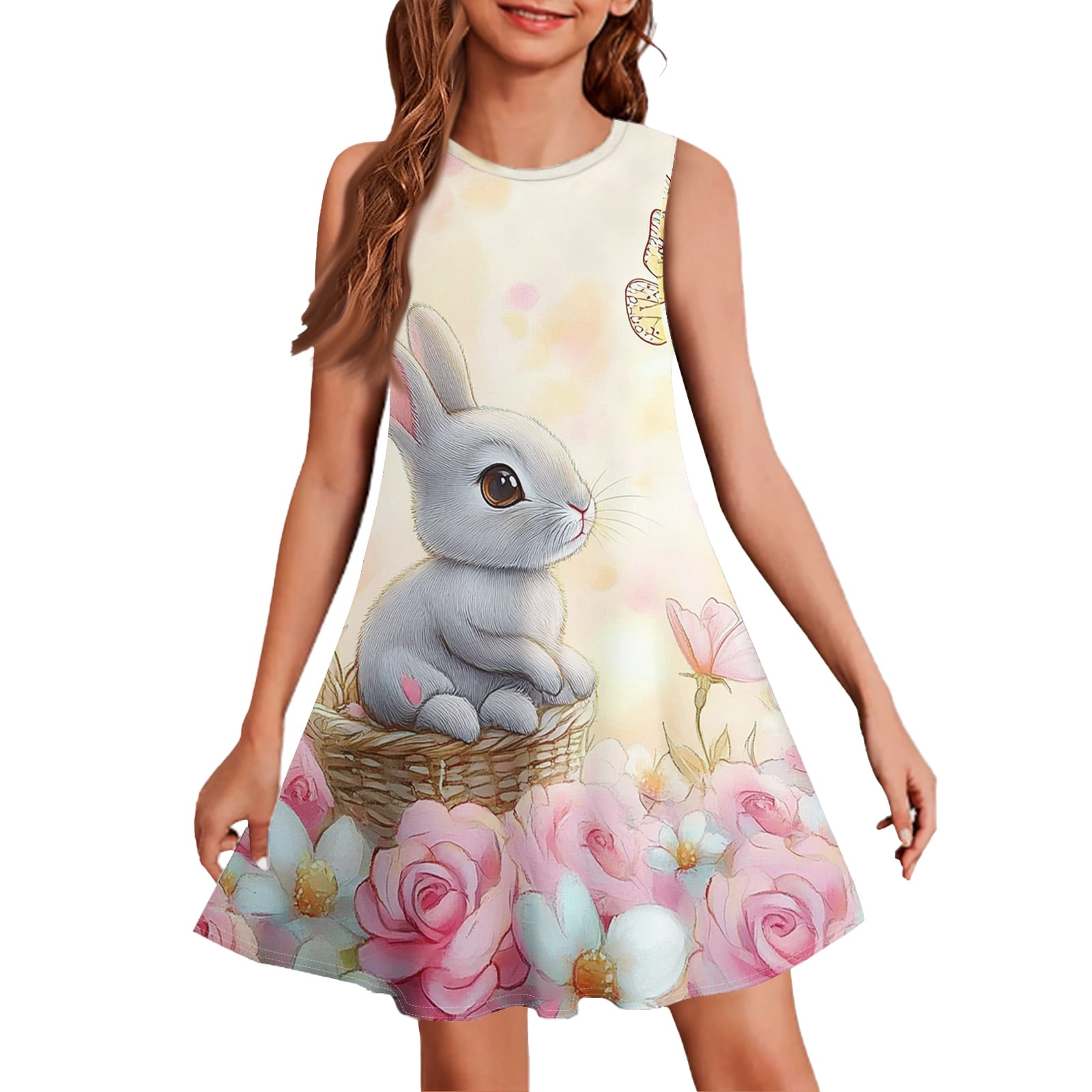 Easter Dresses for Girl 2026 Rabbit Print Casual Sleeveless Sundresses ...