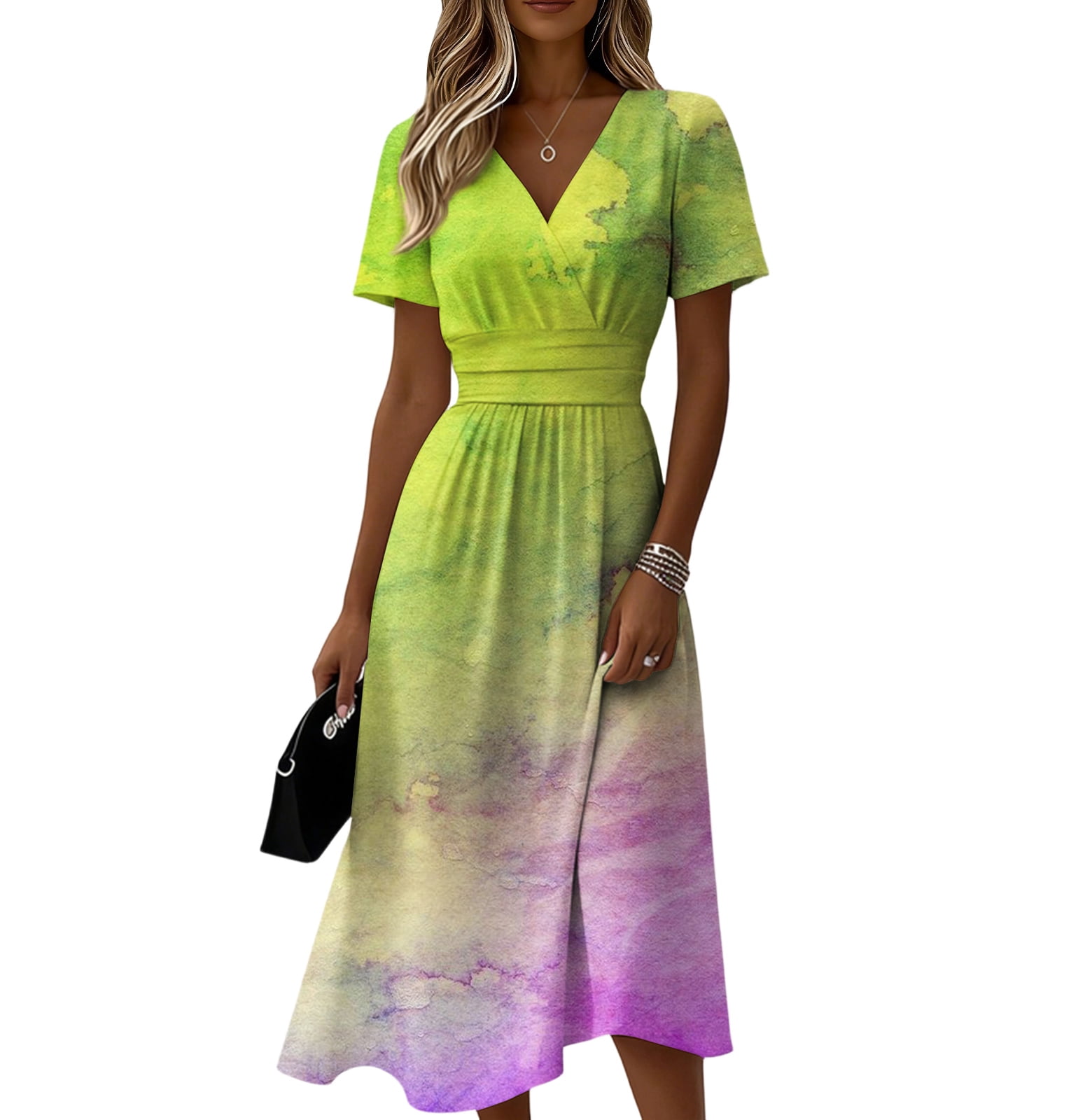 Easter Dresses for Women Crossover Wrap V Neck Short Sleeve Summer ...