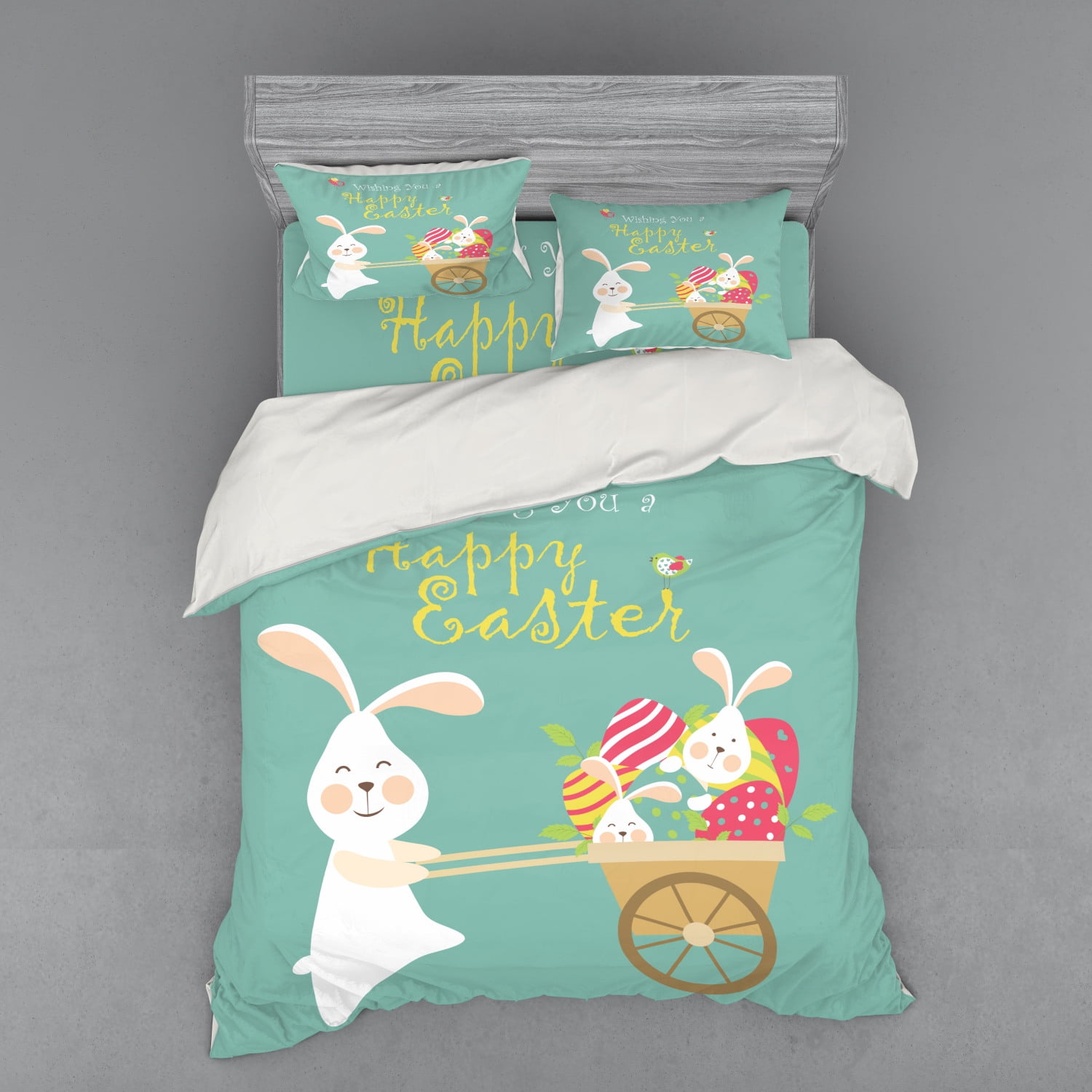 Easter Duvet Cover Set, Smiling Bunny with a Cart Full of Colorful Eggs ...