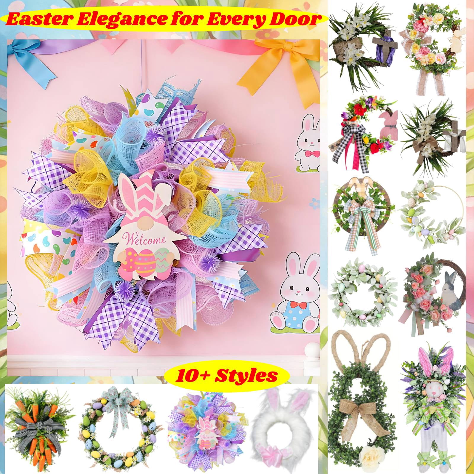 Easter Dwarf Bunny Mesh Wreath, 15.75" Colorful Plastic Gnome Garland ...