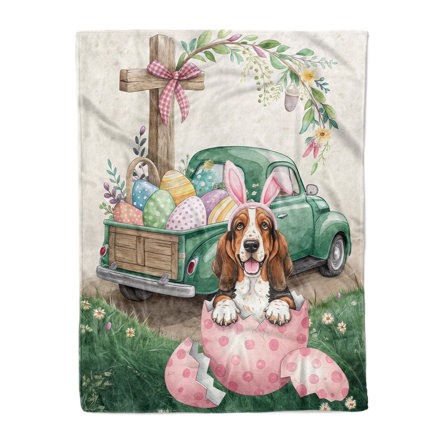 Easter Egg Basset Hound Bunny Ear Welcome Spring Truck Cozy Fleece ...