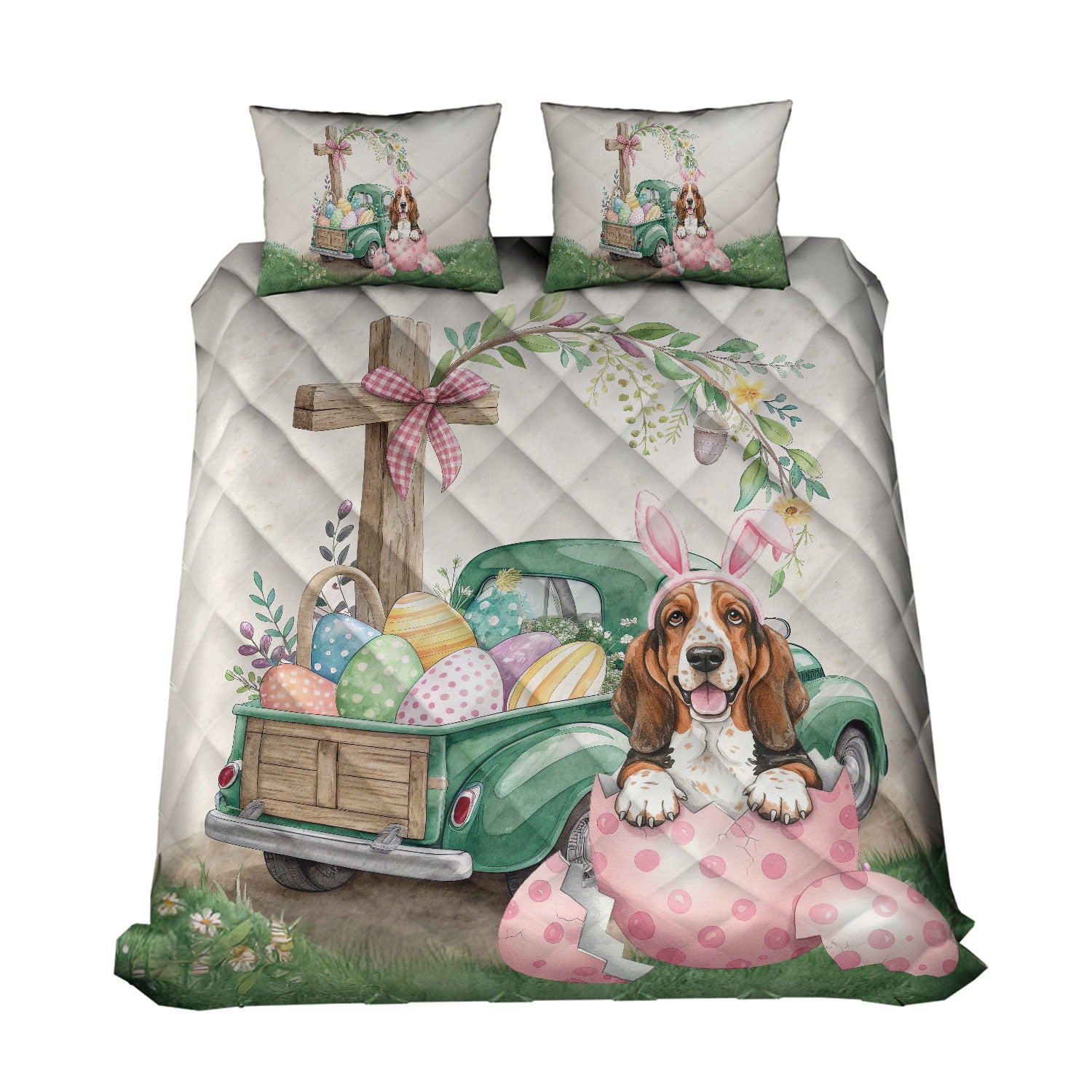 Easter Egg Basset Hound Bunny Ear Welcome Spring Truck Quilt Bedding ...