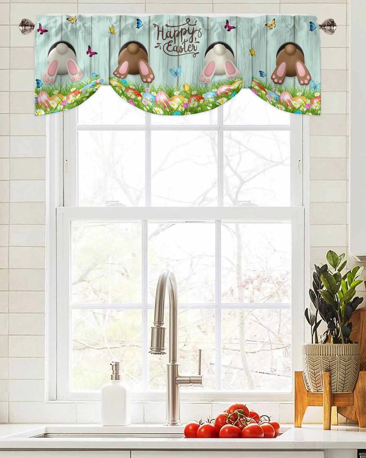 Easter Egg Bunny Butt Daisy Butterfly Short Window Curtain Adjustable Tie Up Valance for Living ...