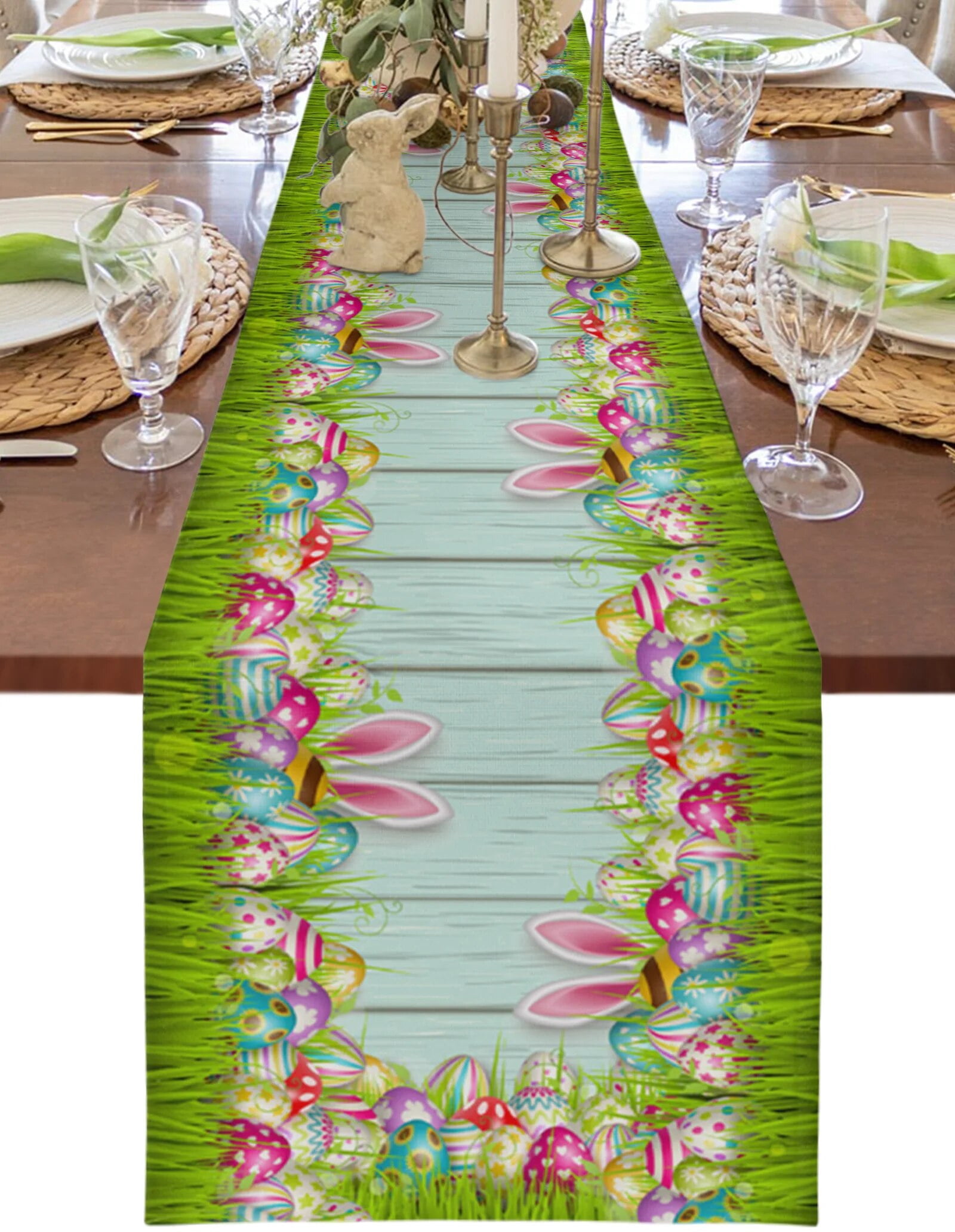 Easter Egg Bunny Ears Wood Grain Table Runner Wedding Decor Table Cover ...