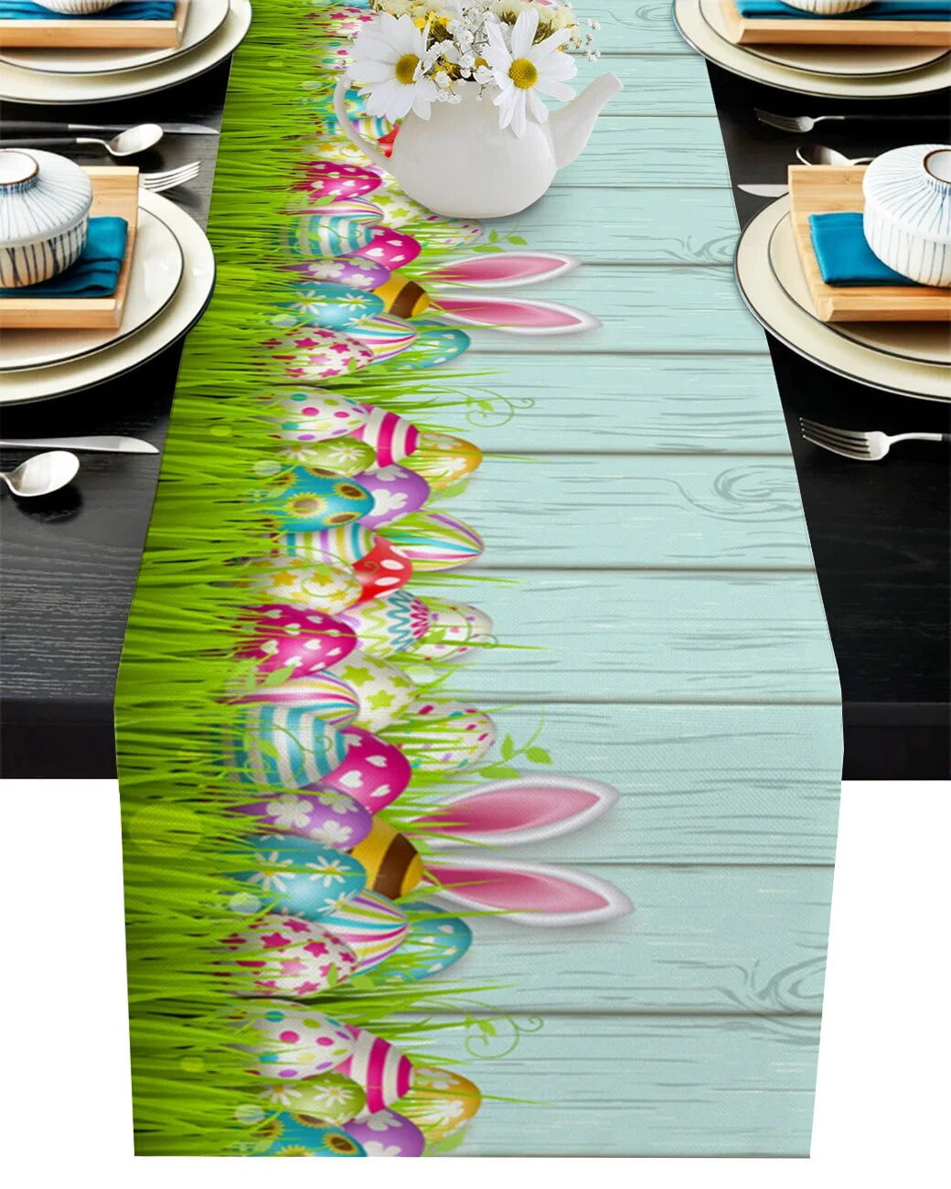 Easter Egg Bunny Ears Wood Grain Table Runner Wedding Decor Table Cover ...