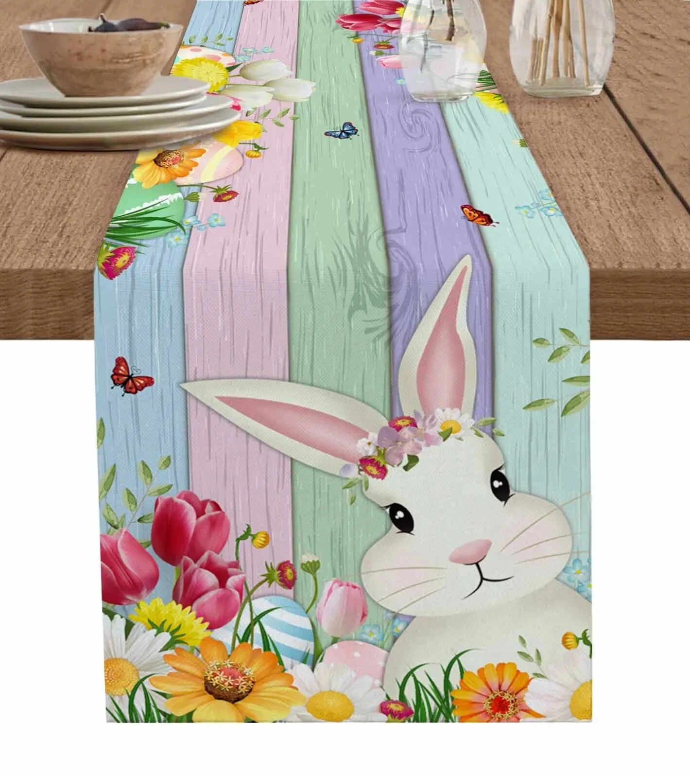 Easter Egg Bunny Flower Wood Grain Linen Table Runner Dresser Scarf ...