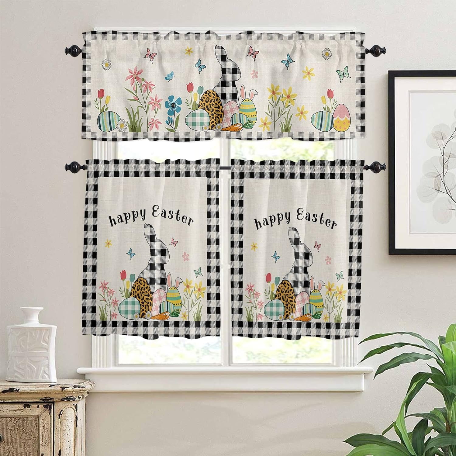 Easter Egg Bunny Valance and Tier Set of 3,Black White Plaid Window ...