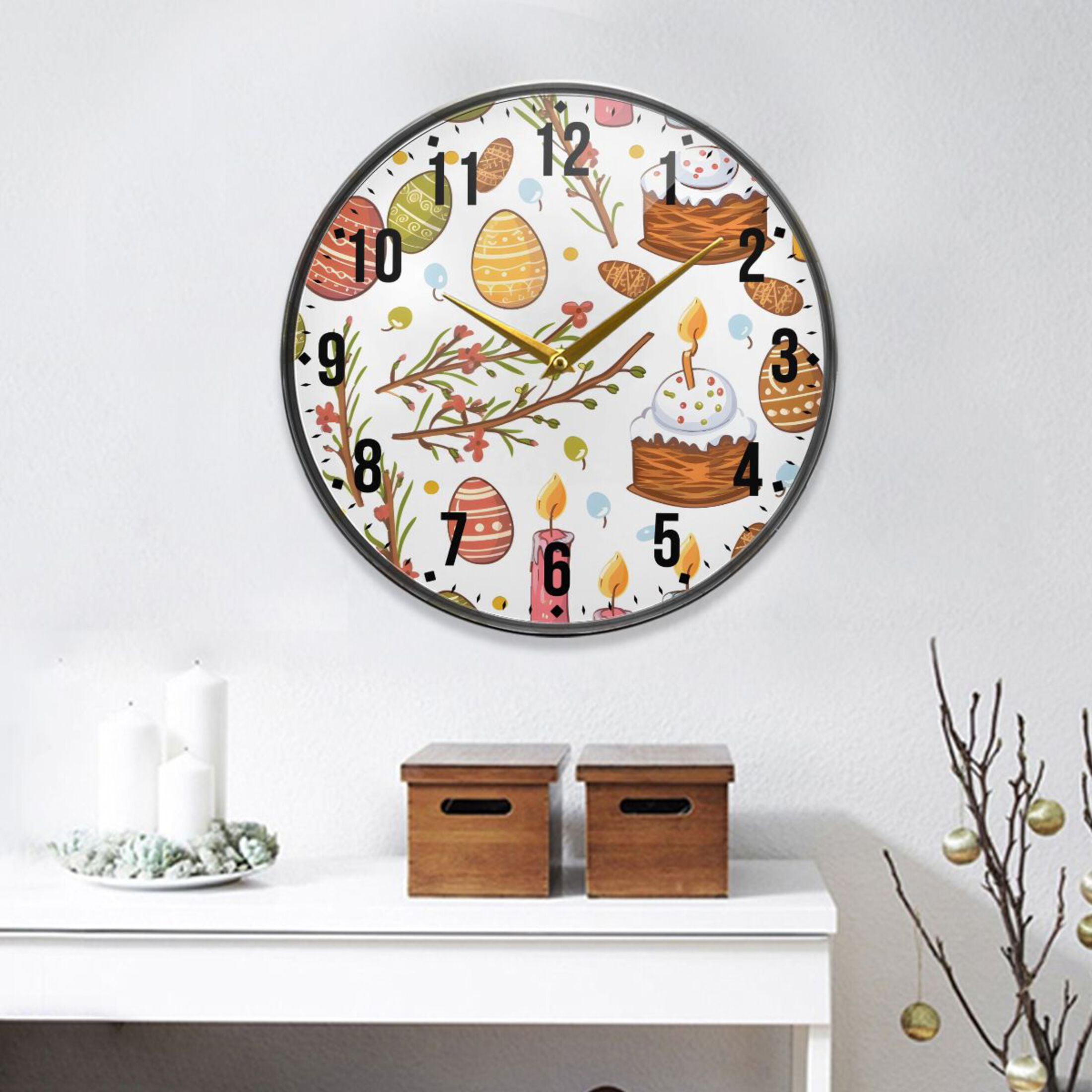 Easter Egg Cake Branches Round Wall Clock 9.5 Inch Non-Ticking Silent ...