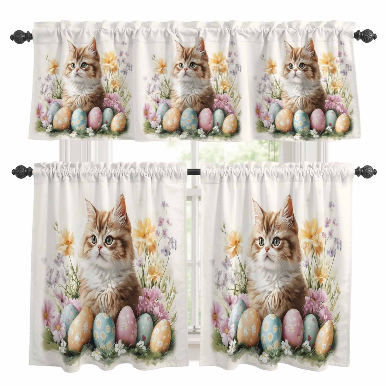 Easter Egg Cat Kitchen Curtains and Valances Set, Cartoon Cute Animal ...